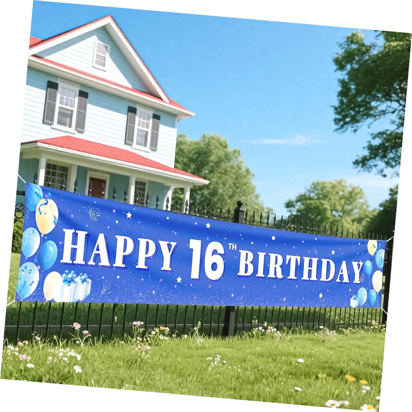 Fuliko 16th Birthday Banner Decorations for Boys and Girls, Blue Happy ...