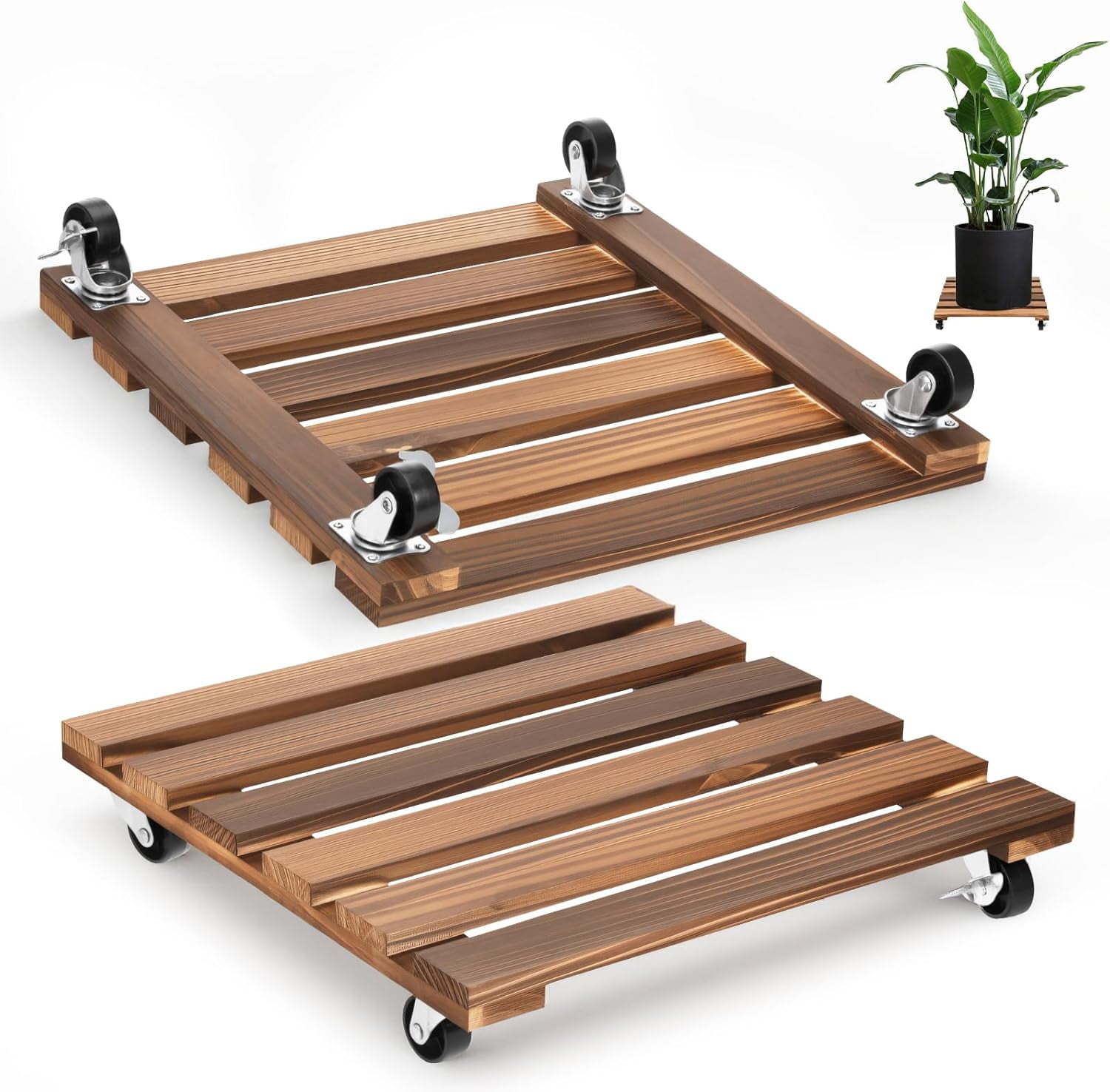 Fuliko 2 Pack 16 Inch Wooden Rolling Plant Stand with Wheels Square ...