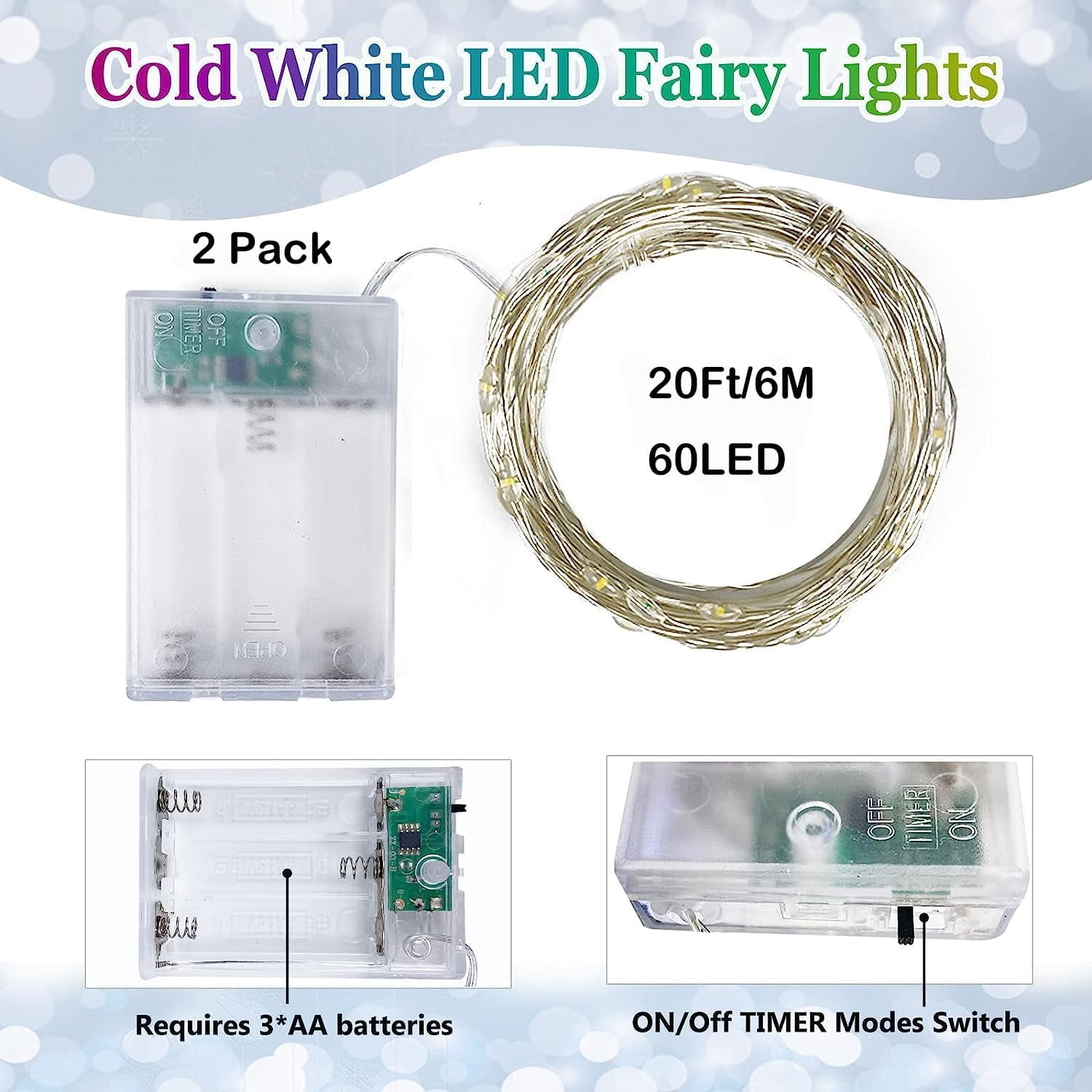 Fuliko 2 Pack 20FT 60LED Battery Operated Fairy Lights with Timer ...