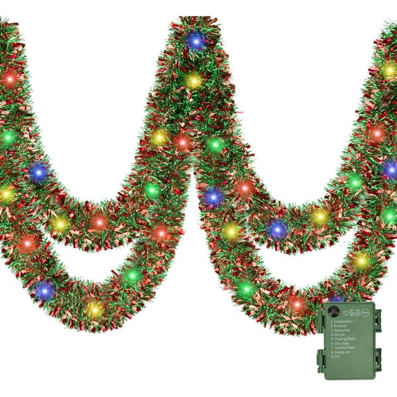 Fuliko 2-Piece Set of 39.4 Feet 120 Christmas Tinsel Garland with Lights, 8 Mode Timer Pre-lit ...