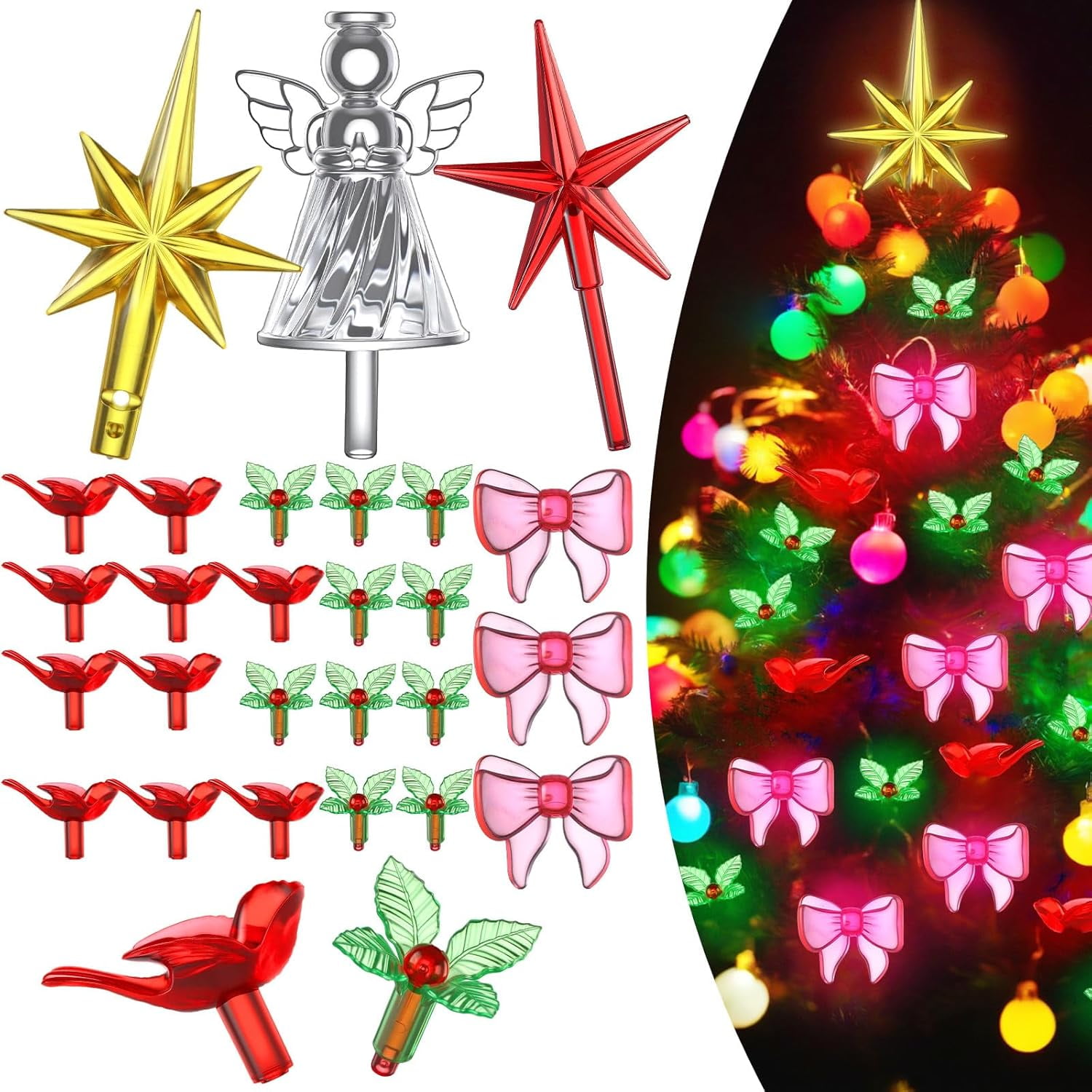 Fuliko 203 Pcs Ceramic Christmas Tree Holly Lights Leaves Bulbs Plastic ...