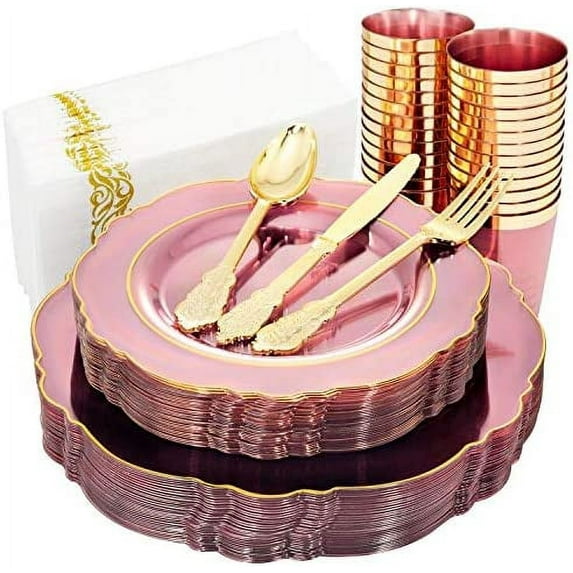 Fuliko 210-Piece Clear Plastic Dinnerware Set with Rimmed Silverware ...
