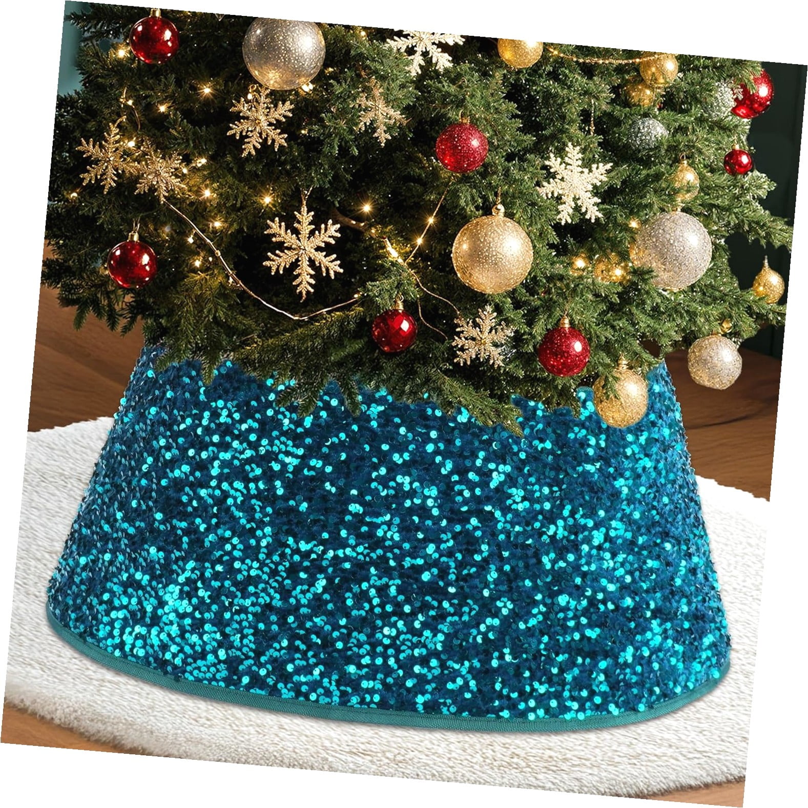 Fuliko 22-Inch Circular Christmas Tree Mat Sparkling Glitter Taffeta ...