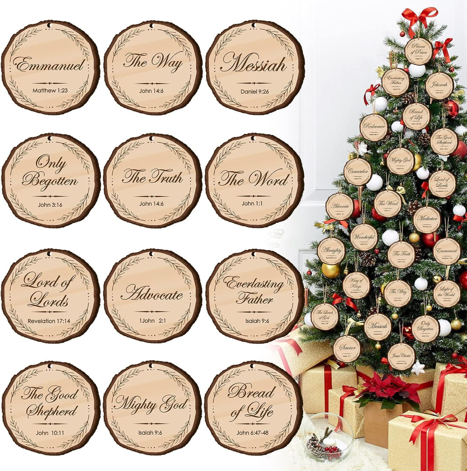 Fuliko 24 Pcs Names of Ornaments 2.6 Inch Christmas Nativity Round Wood ...