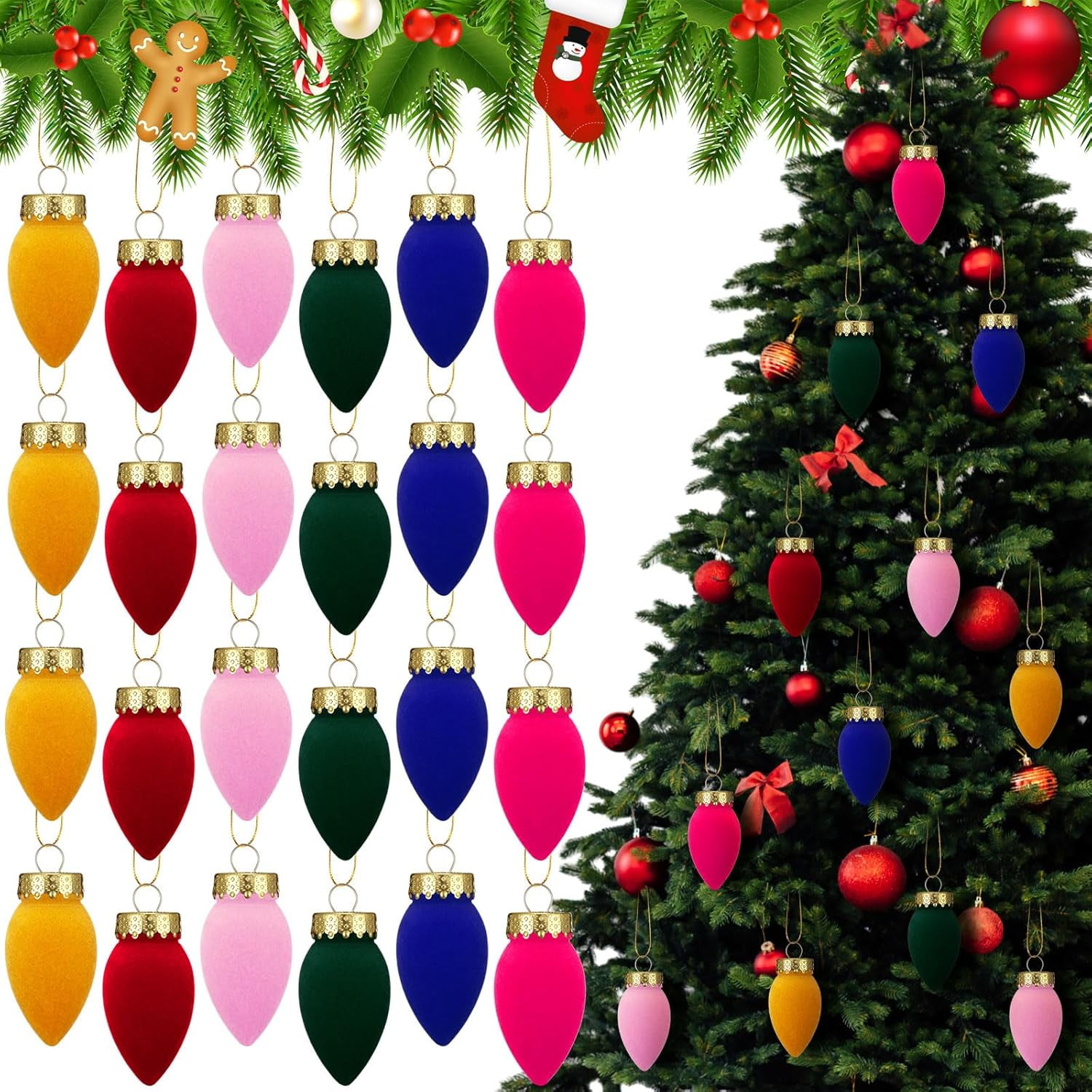 Fuliko 24 Pcs Velvet Christmas Ornaments Bulk Flocked Light Bulb ...