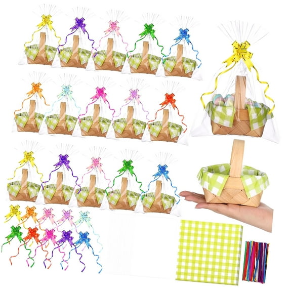 Fuliko 24 Pcs Woven Baskets with Handles 24 Paper Napkins 30 Plastic Bags 30 Multicolor Bows 30 ...