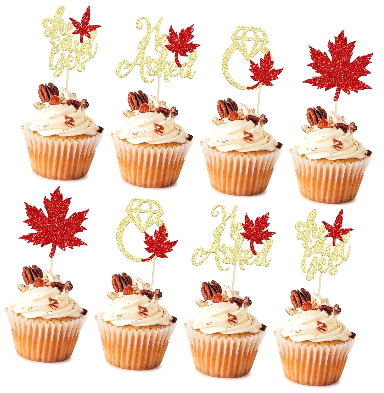 Fuliko 24Pcs Asked She Said Yes Cupcake Toppers Glitter Maple Leaves ...