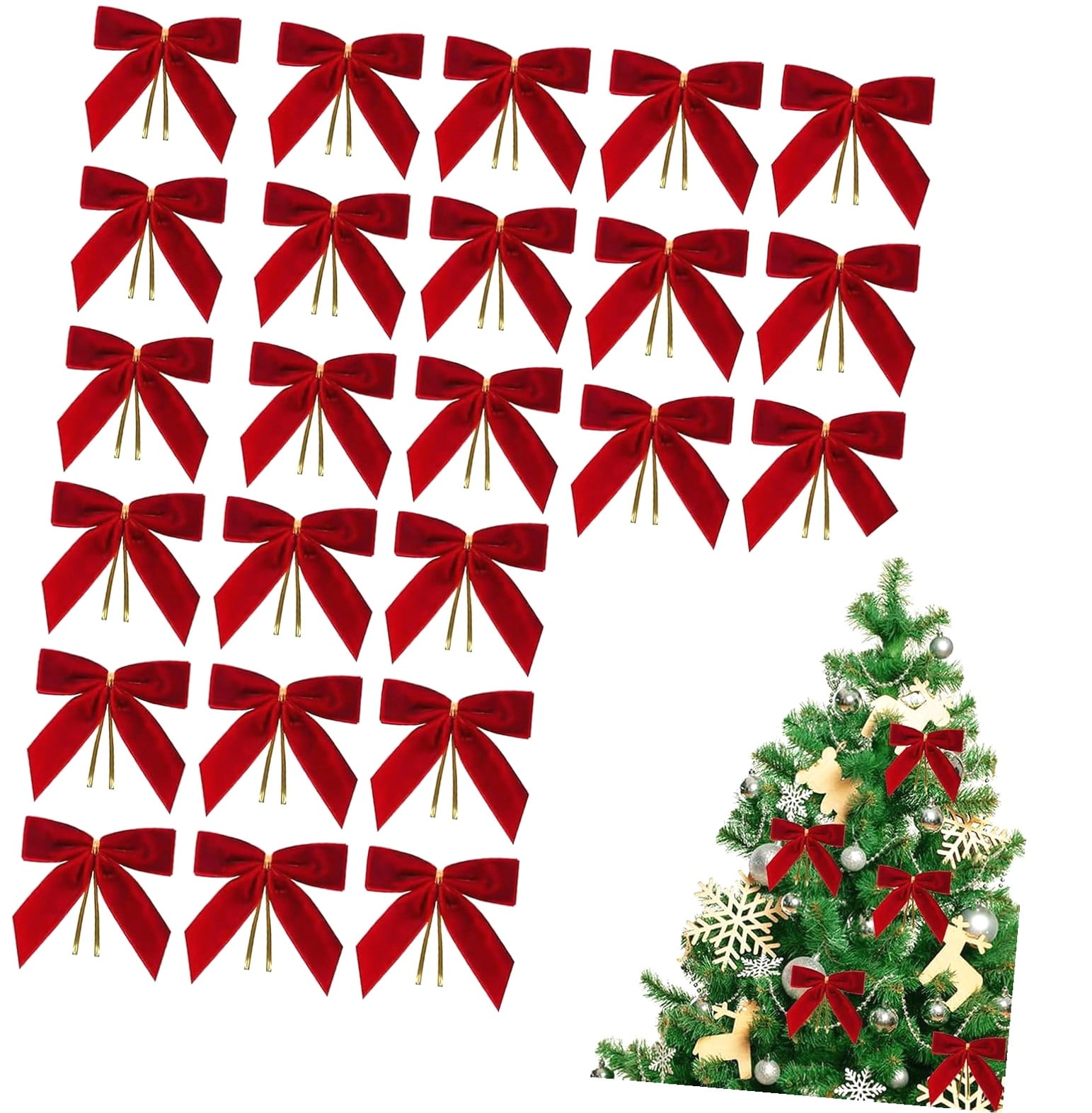 Fuliko 24Pcs Velvet Bows for Christmas Tree, Red Velvet Bow Ornaments for Christmas Tree with ...