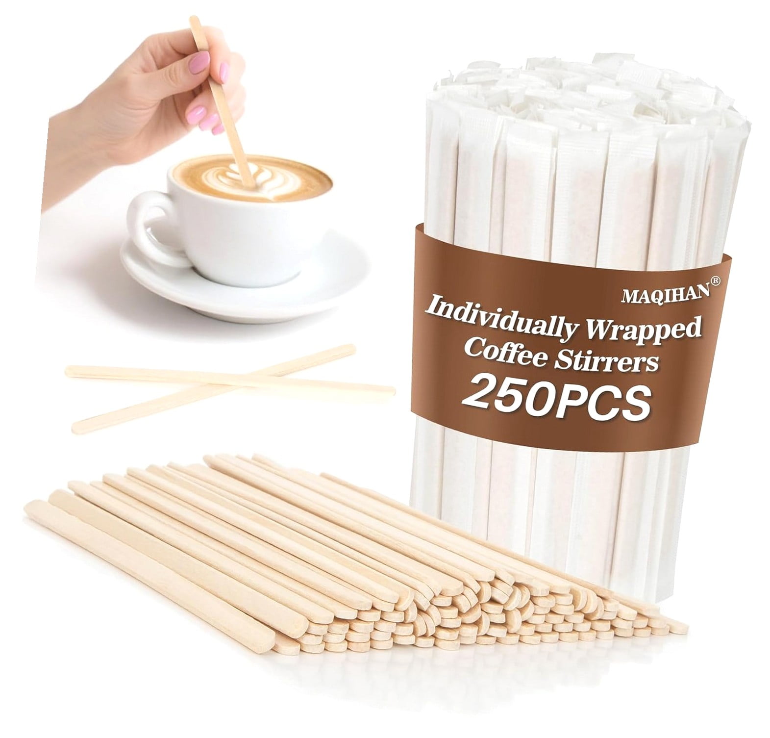 Fuliko 250PCS Individually Wrapped Wooden Coffee Stirrers 5.5 Inch ...