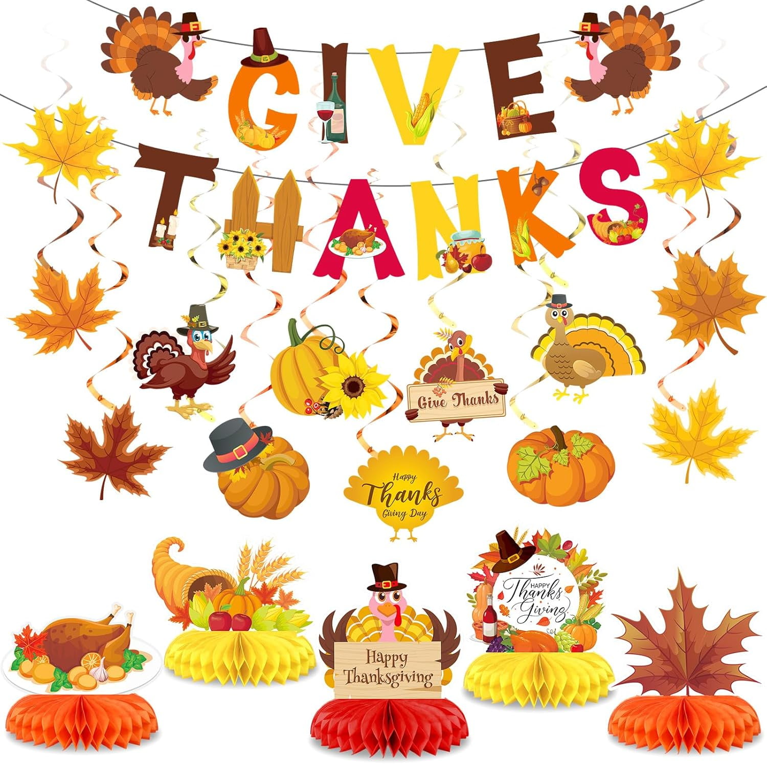 Fuliko 29 Pcs Thanksgiving Party Decorations Turkey Pumpkin Maple ...