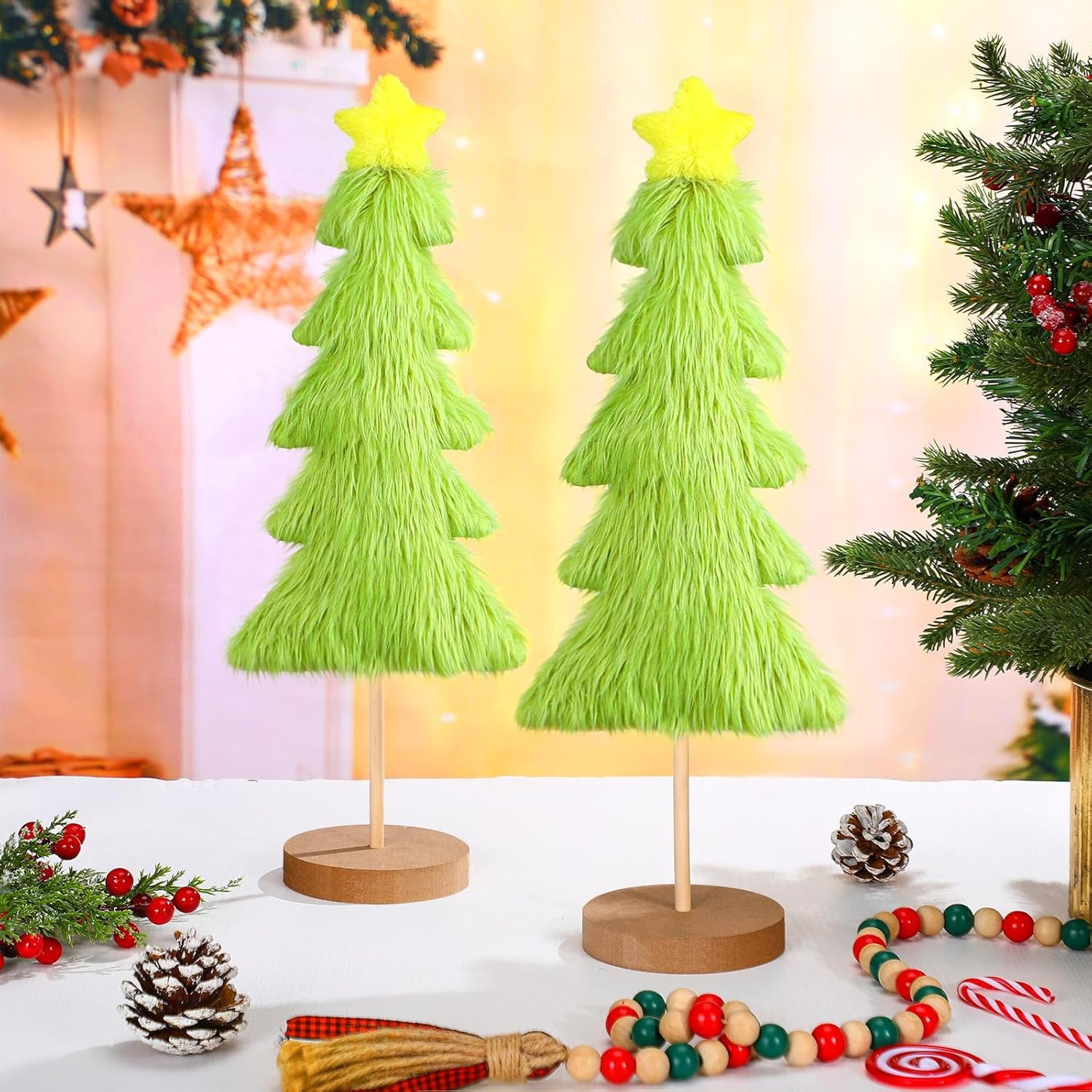 Fuliko 2Pcs Lime Furry Christmas Trees Tabletop Decor Christmas Tree ...
