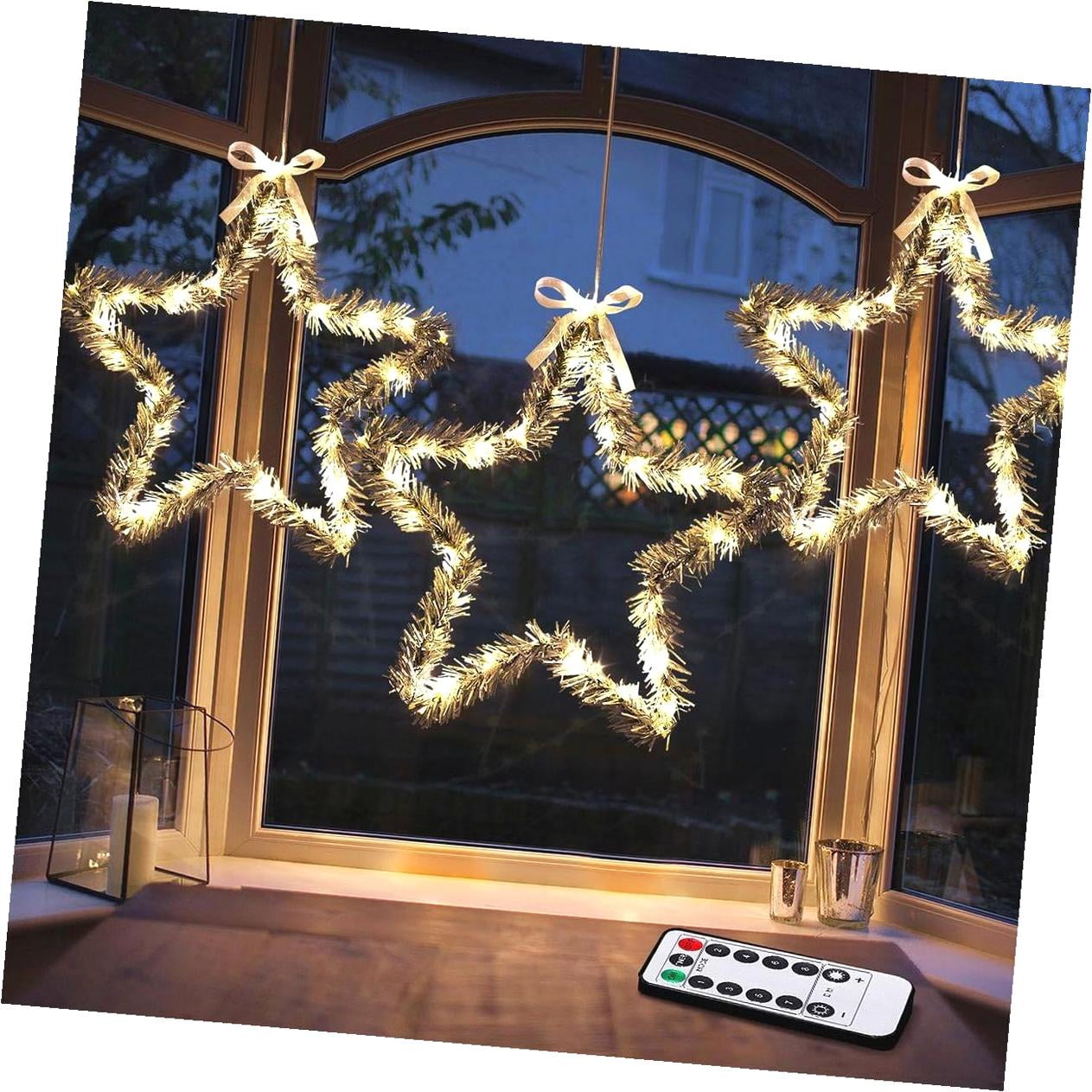 Fuliko 3-Pack Christmas Window Star Lights with Snow Pine Leaves ...