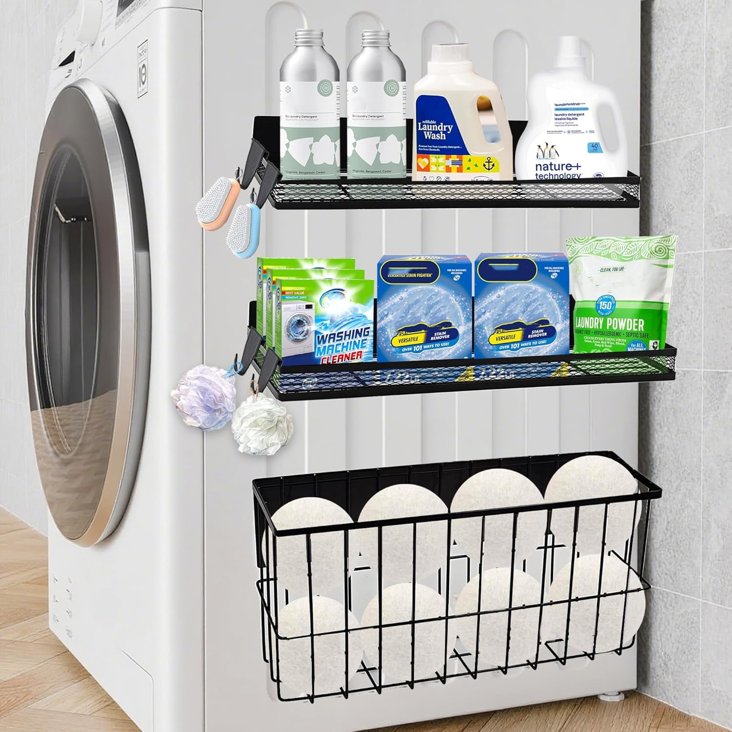 Fuliko 3 Pack Shelves and Dryer Holder with 4 Removable Bins for ...