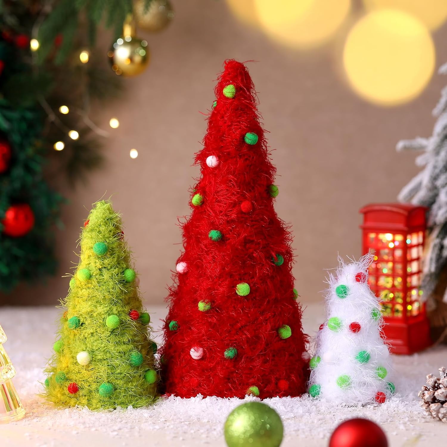 Fuliko 3 Pcs Christmas Table Decorations Lime Furry Christmas Tree Yarn ...
