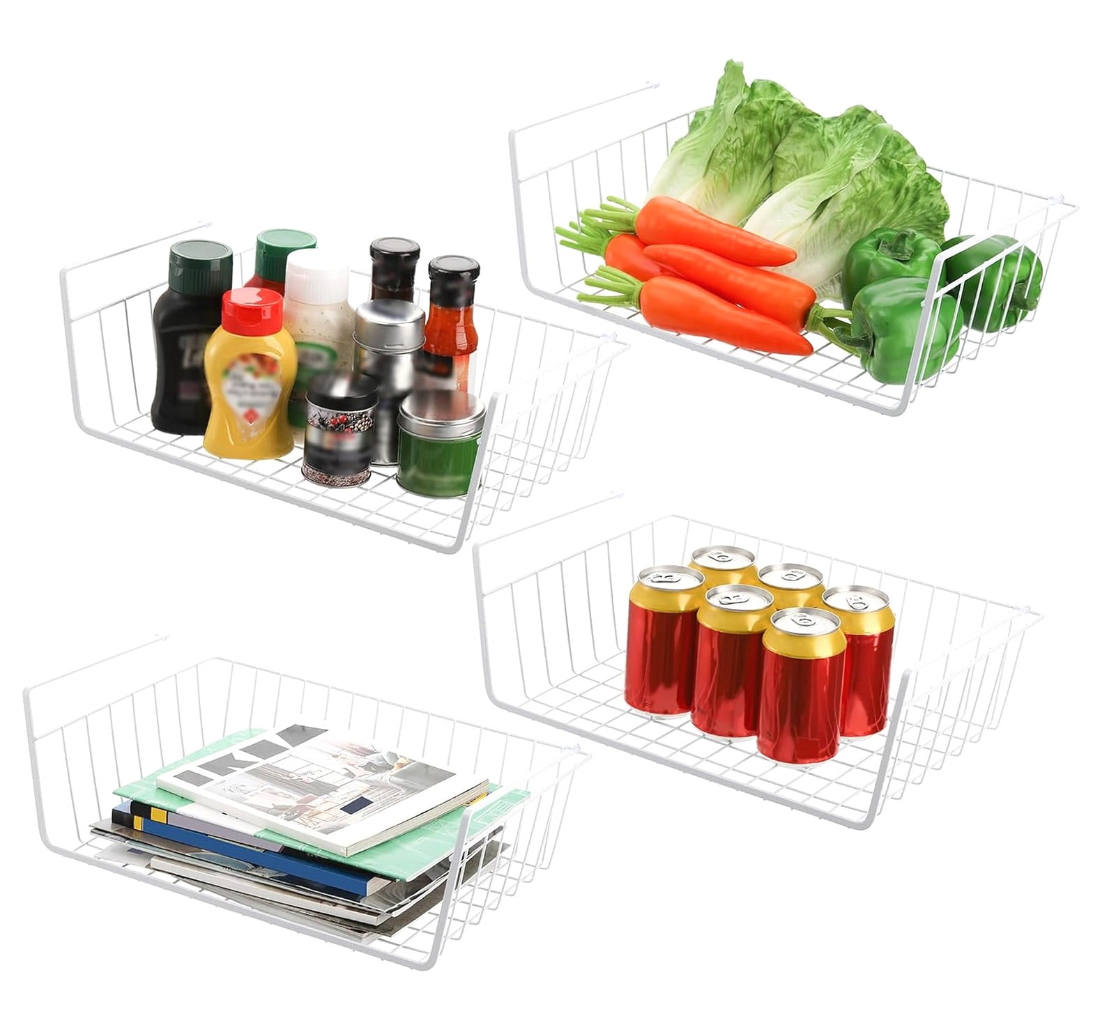 Fuliko 4 Pack White Under Wire Basket Hanging Storage Baskets, Under ...