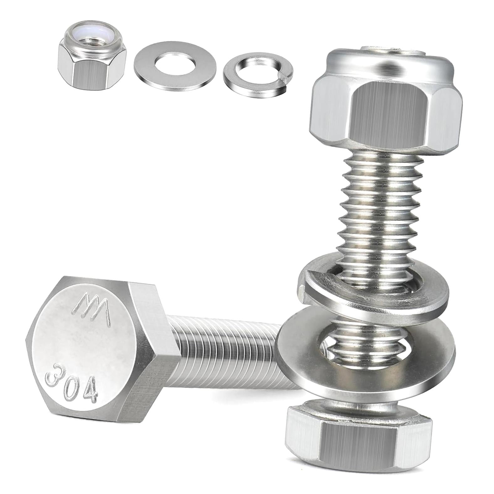 Fuliko (4 Packs) 3/8-16 x 2-1/2" Hex Bolts, Securing Nuts, Flat & Lock ...