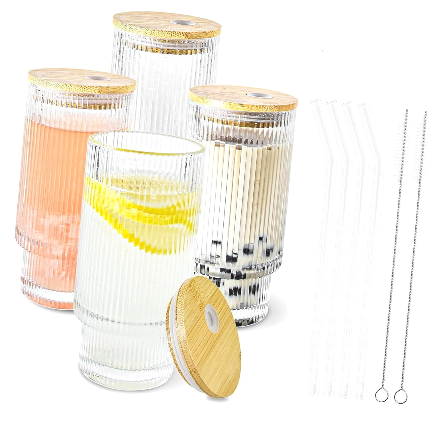 Fuliko 4 Pcs 16 oz Glasses Cups Set with Straws Ribbed Aesthetic ...