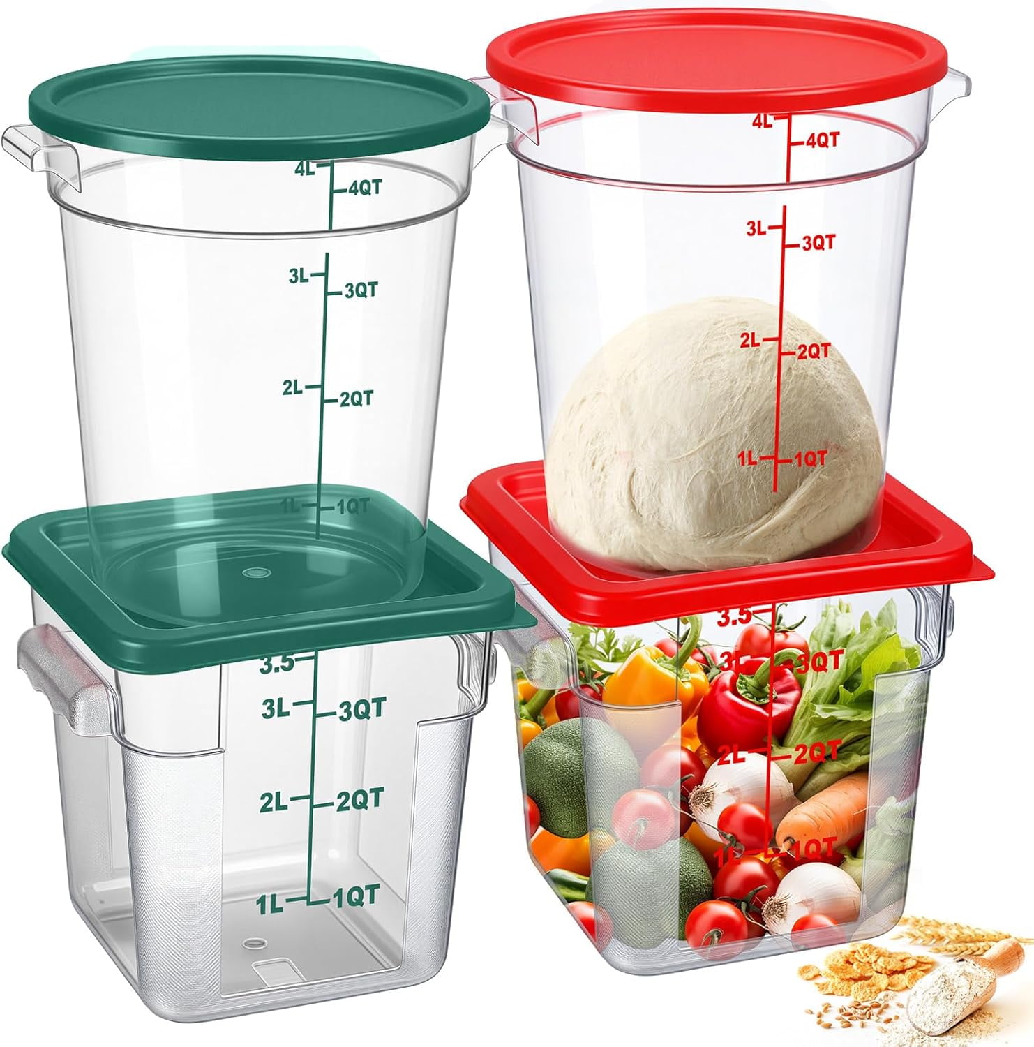 Fuliko 4 Pcs Container with Lid Set 4 Qt Square and Round Clear PC ...