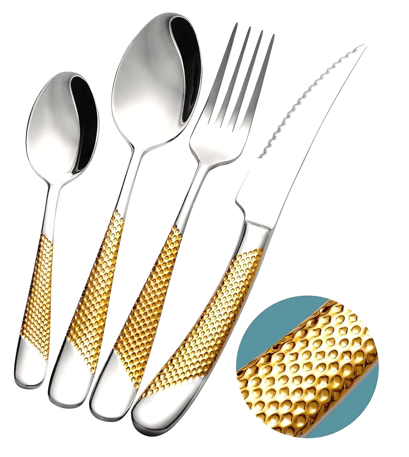 Fuliko 4-Piece Hammered Silver Silverware Set with 2-IN-1 Serrated ...