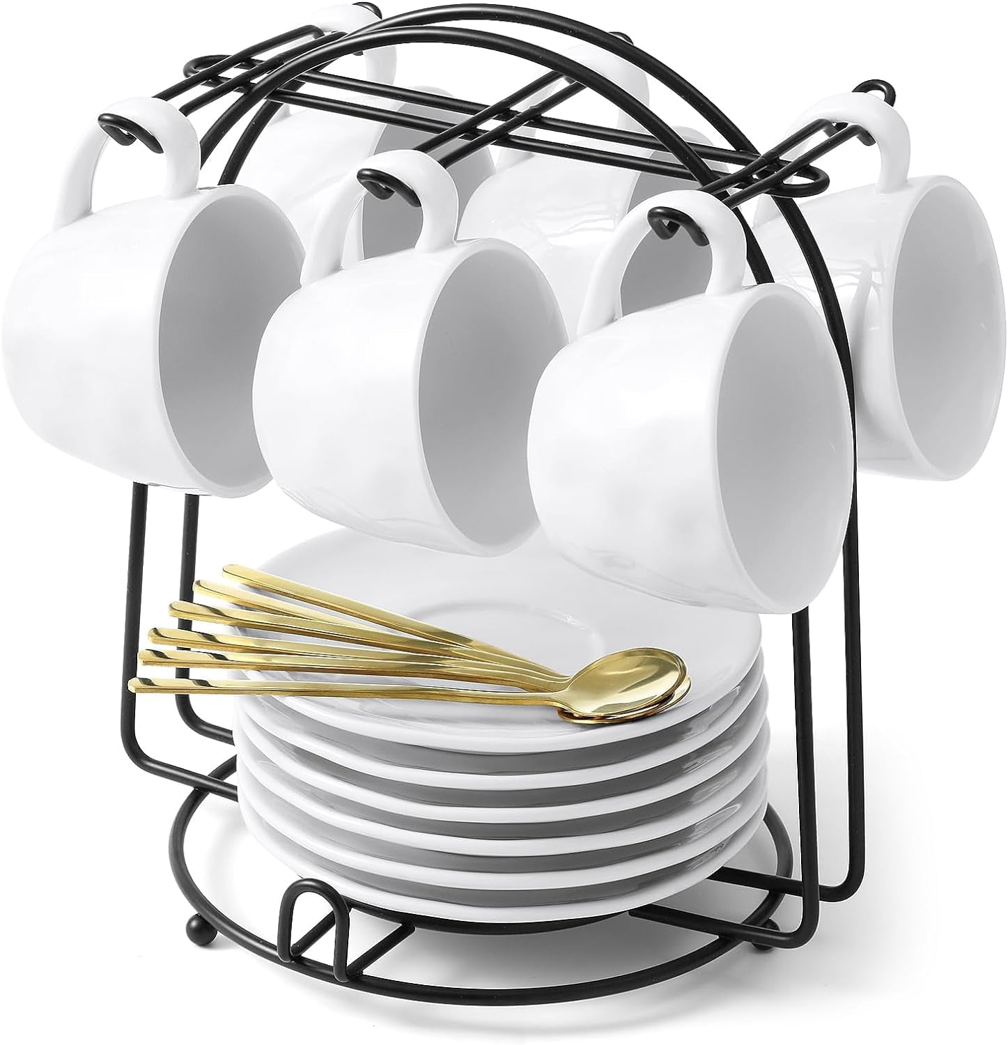 Fuliko 4 oz Cups with Saucers and Metal Stand, Spoons, Porcelain ...