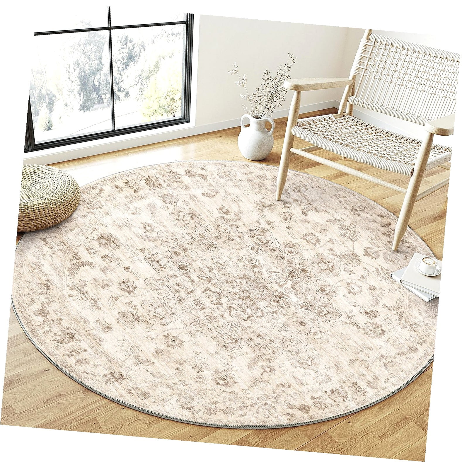 Fuliko 4x4 Washable Neutral Round Rug Beige Entryway Kitchen Circle Rug ...