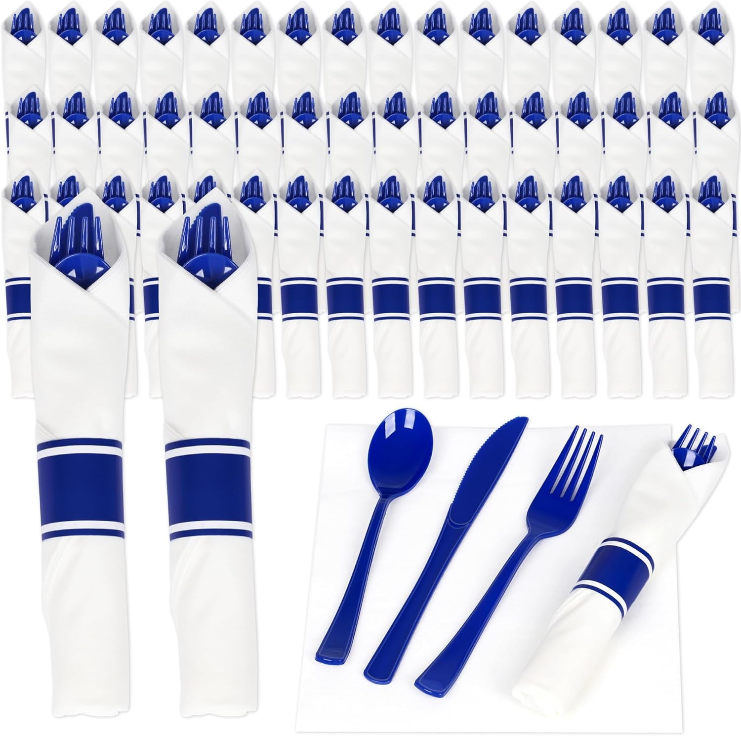Fuliko 50 Pack Pre Rolled Blue Plastic Silverware Set, Wrapped Plastic ...