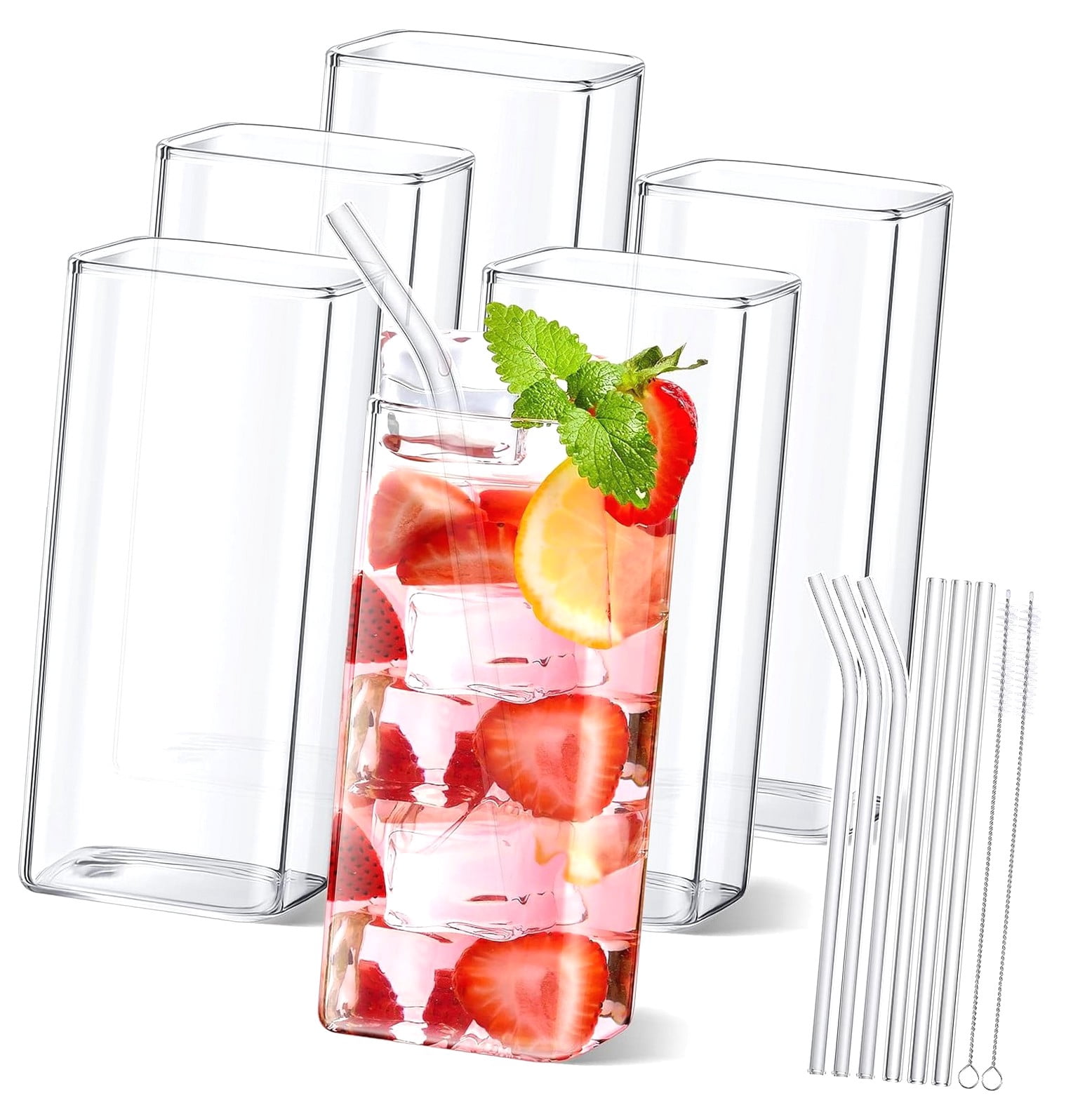 Fuliko 6 Pieces Square Drinking Glasses 13 oz Square Cups Highball ...