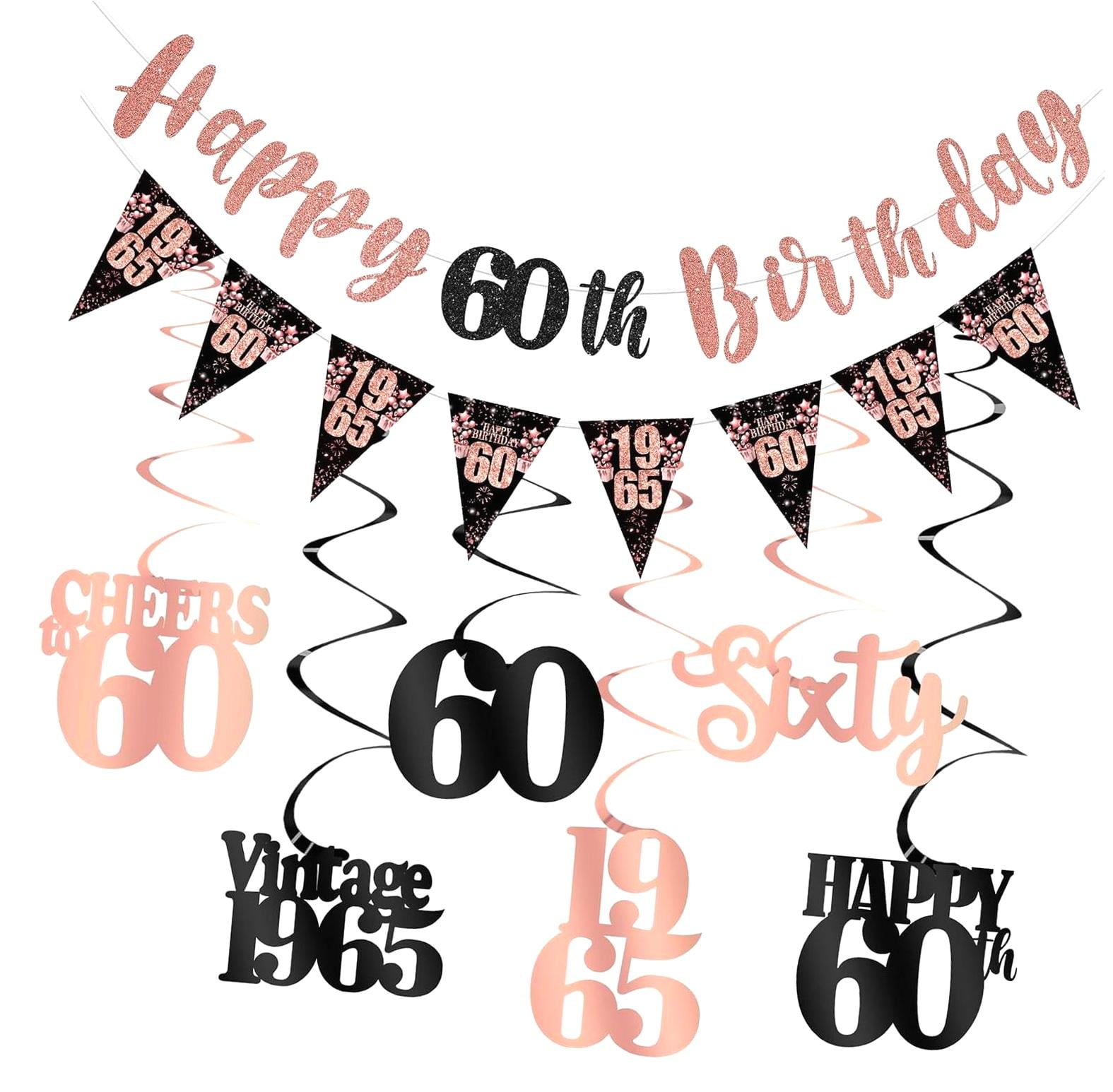 Fuliko 60th Birthday Decorations for Women, Rose Happy 60th Birthday Banner Hanging Swirls ...