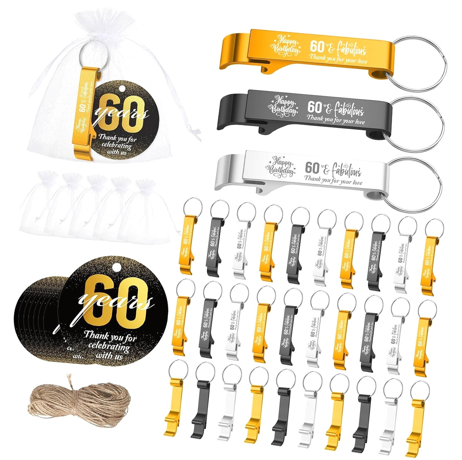 Fuliko 60th Birthday Opener Keychain Set, 54 Pieces, Cheers to 60 ...