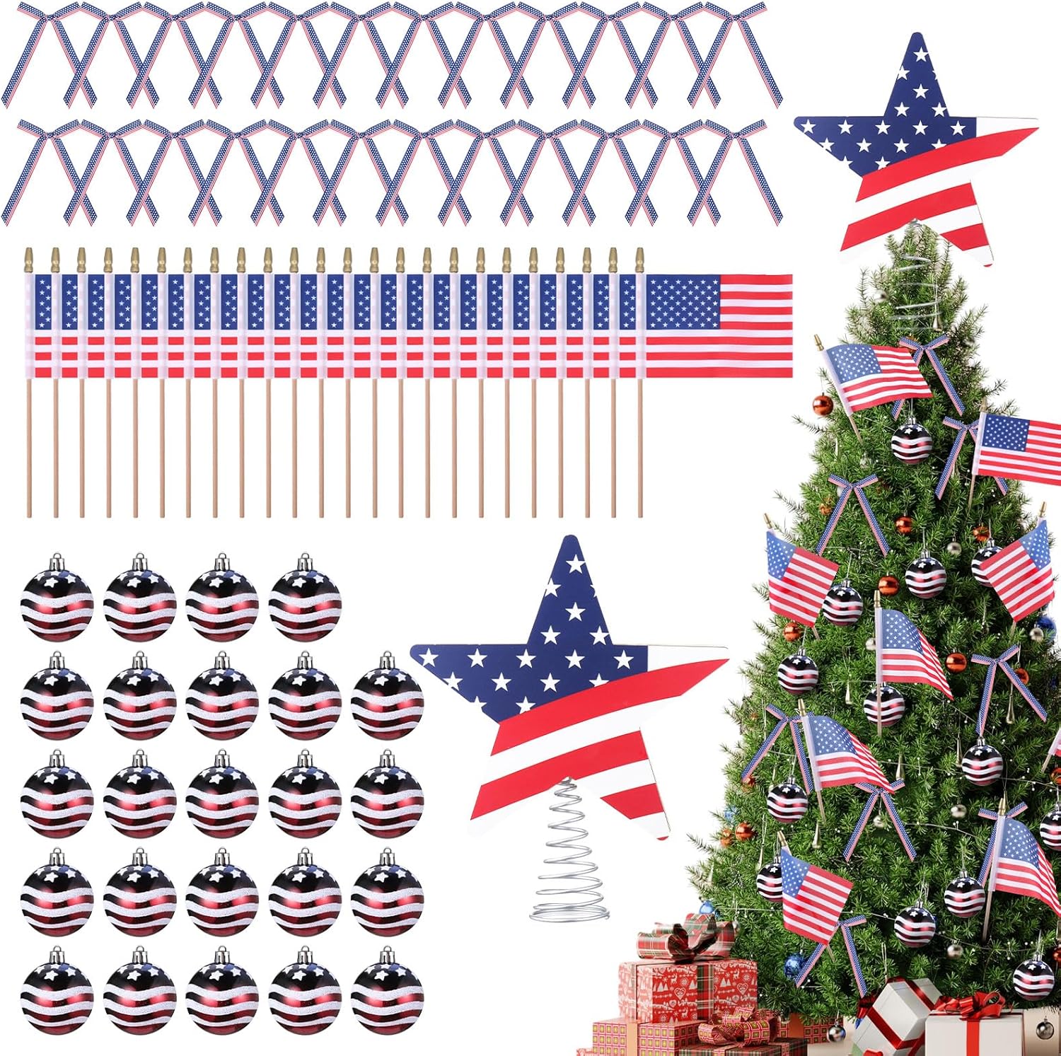 Fuliko 73 Pcs Veterans Day Christmas Tree Decoration Star Tree Topper ...