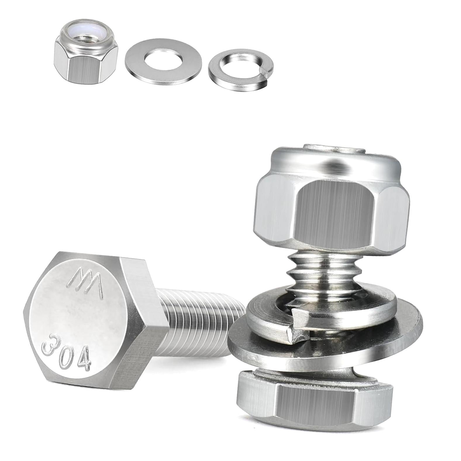 Fuliko (8 Packs) 3/8-16 x 3/4" Hex Bolts, Securing Nuts, Flat & Lock ...