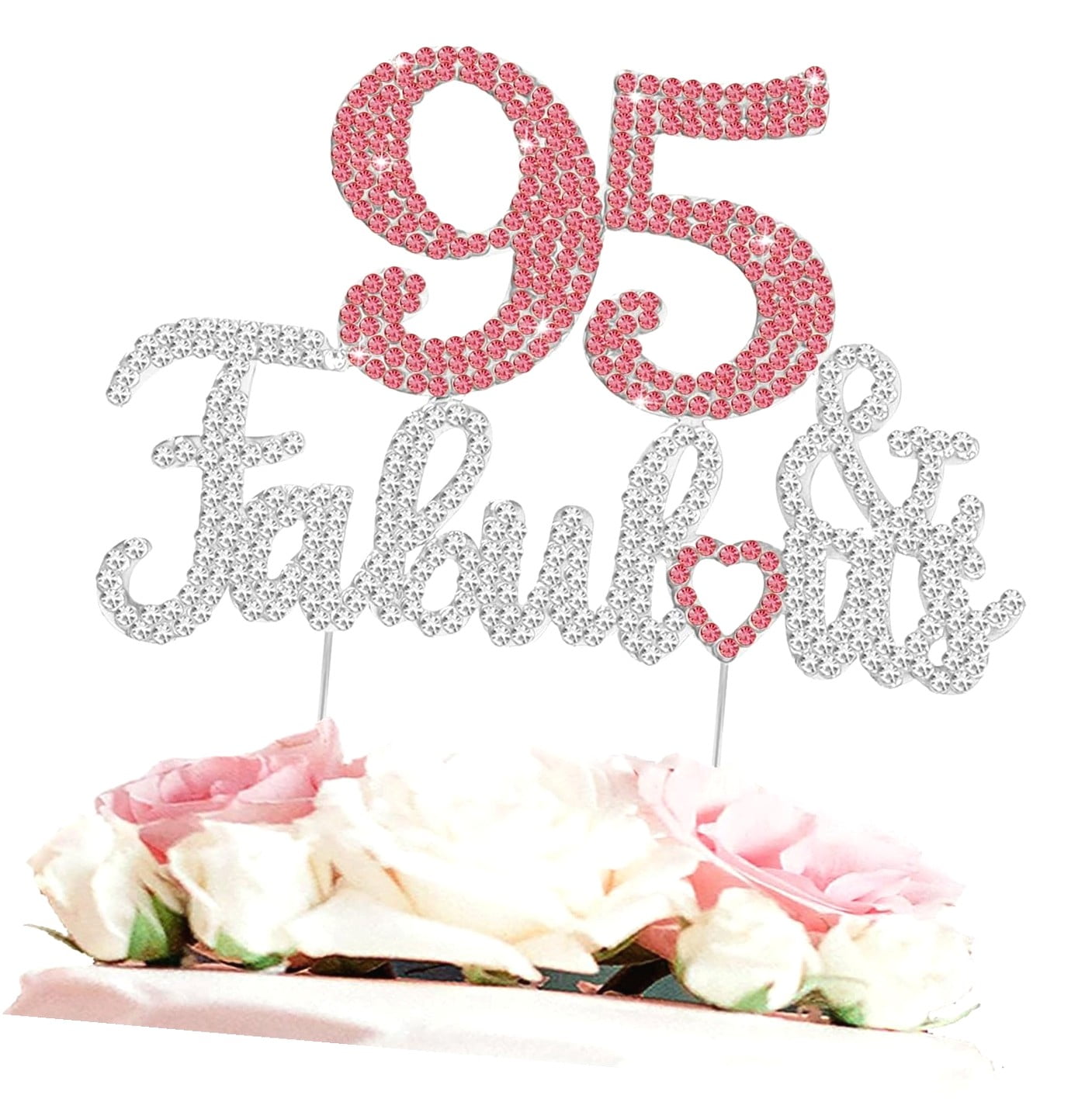 Fuliko 95 Peach Red Silver Rhinestone Cake Topper Happy 95th Birthday ...