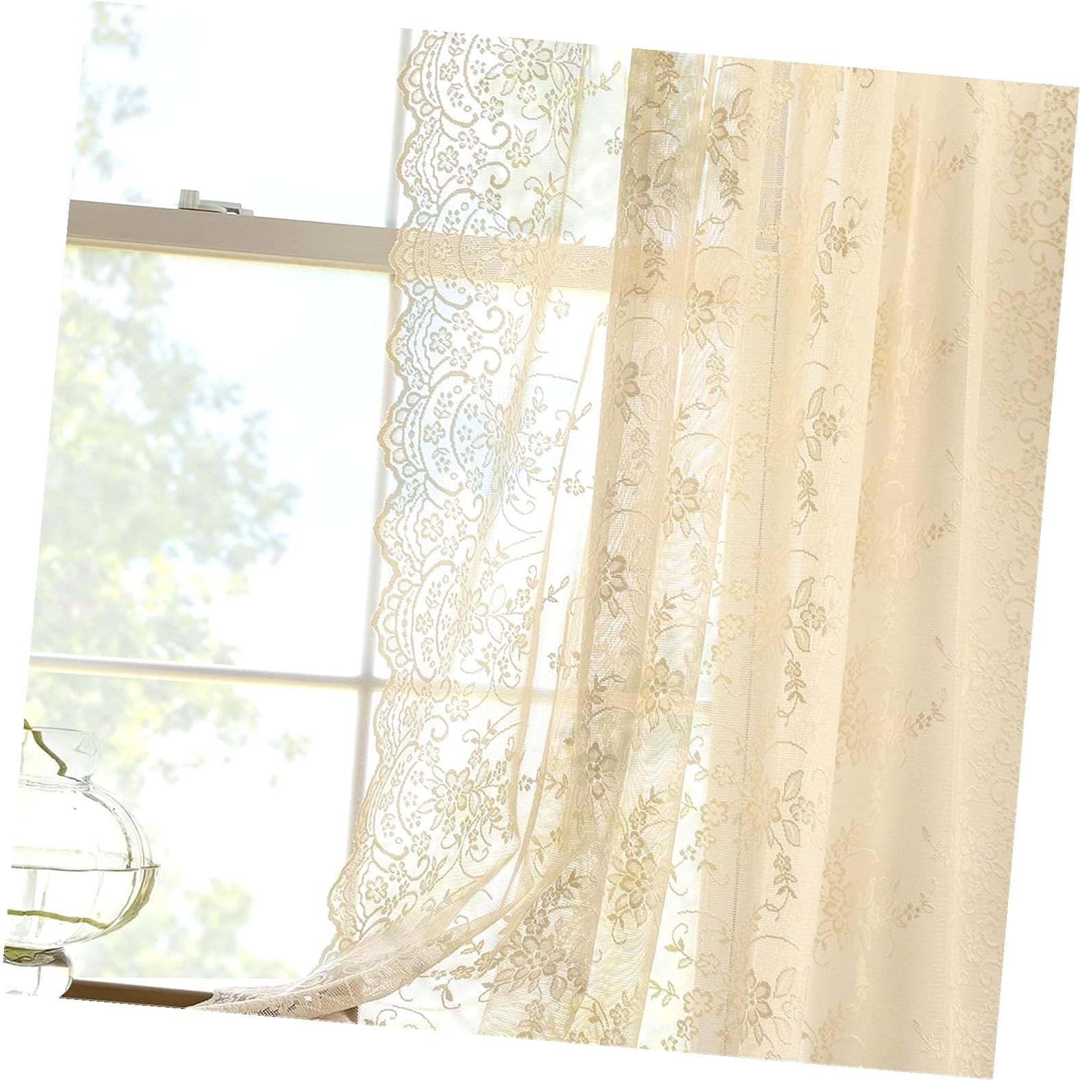 Fuliko 96 Inch Beige Lace Curtains 2 Panels Vine Floral Embroidered ...