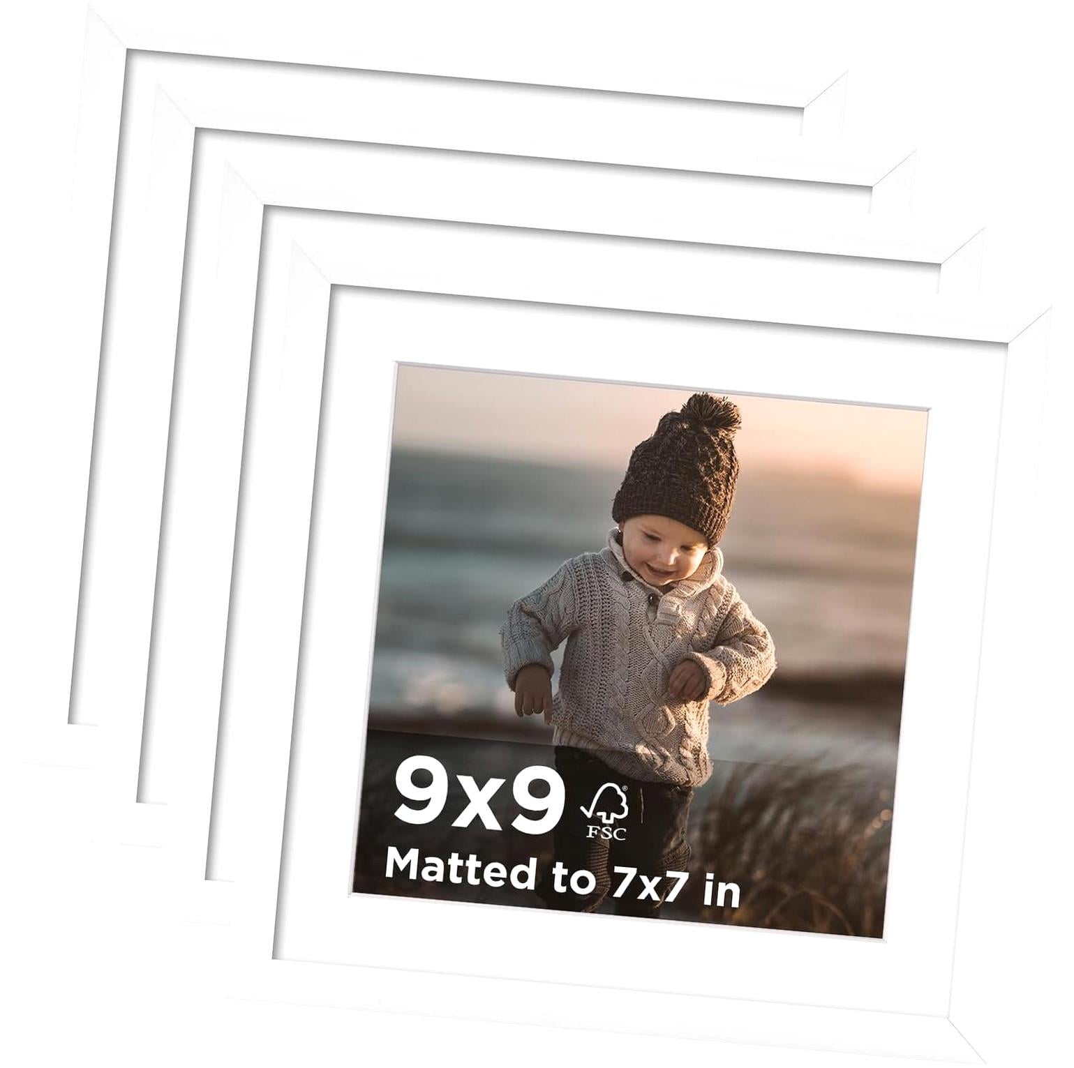 Fuliko 9x9 Picture Frame White Set of 4, Wooden Square Photo Matted 7x7 ...