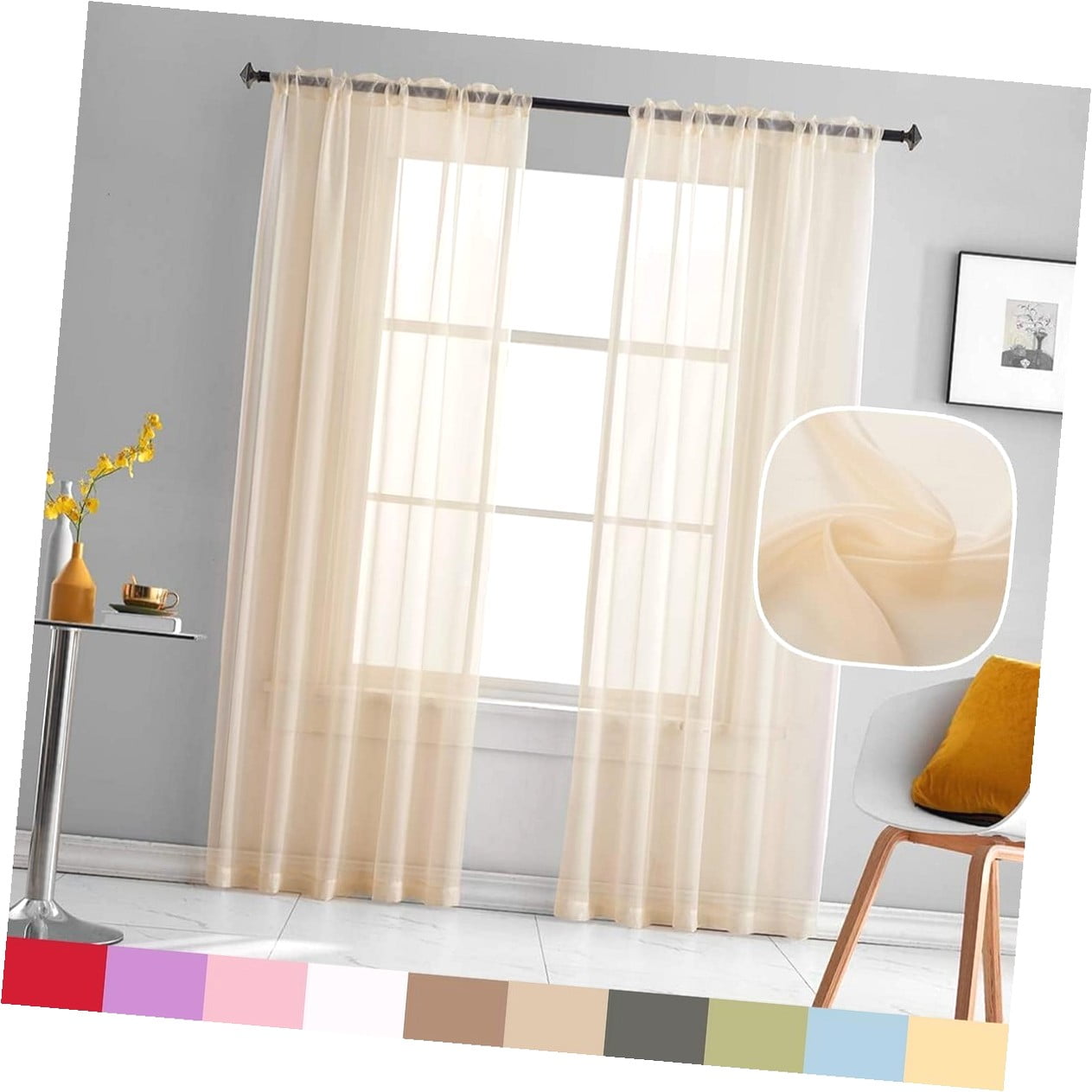 Fuliko Beige Sheer Curtains 84 Inches Long 2 Panels Translucent Light ...