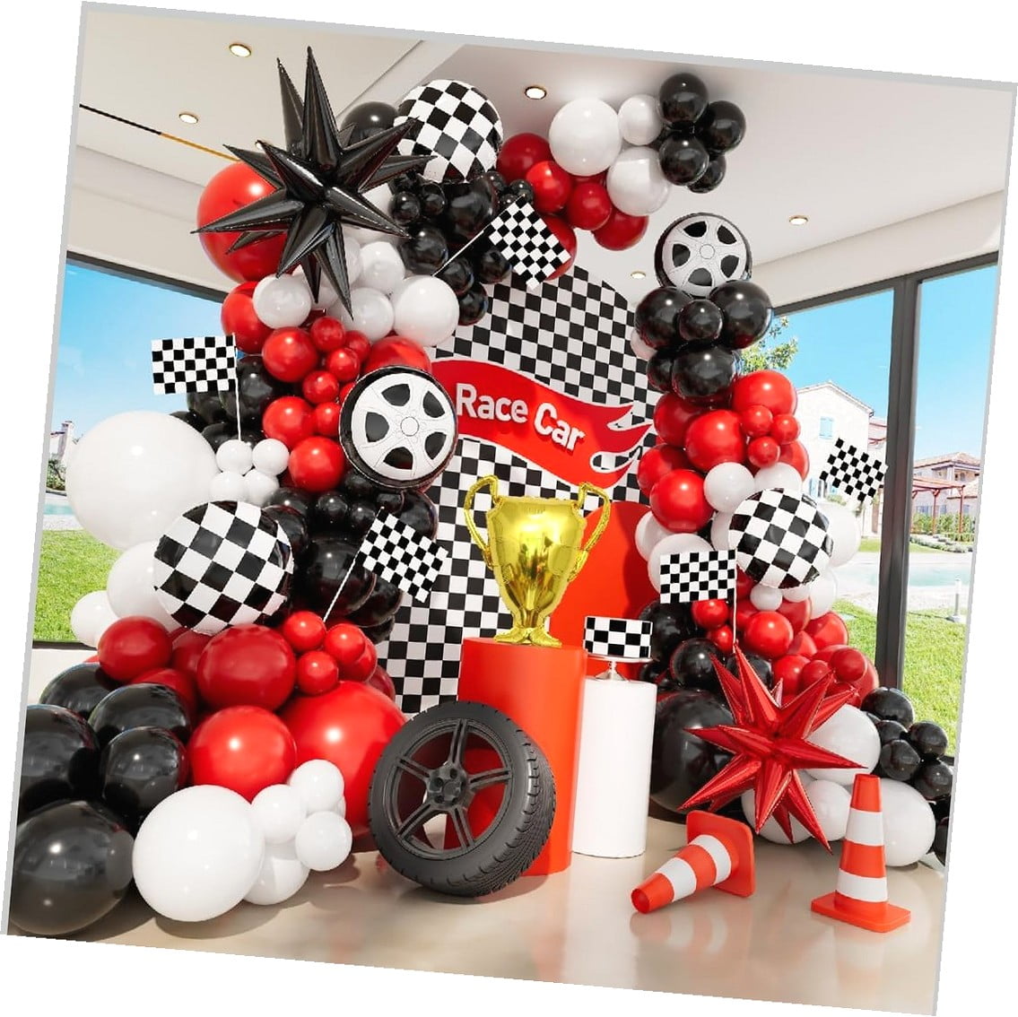 Fuliko Car Arch Kit, Racecar Birthday Decorations, Red White Tire ...