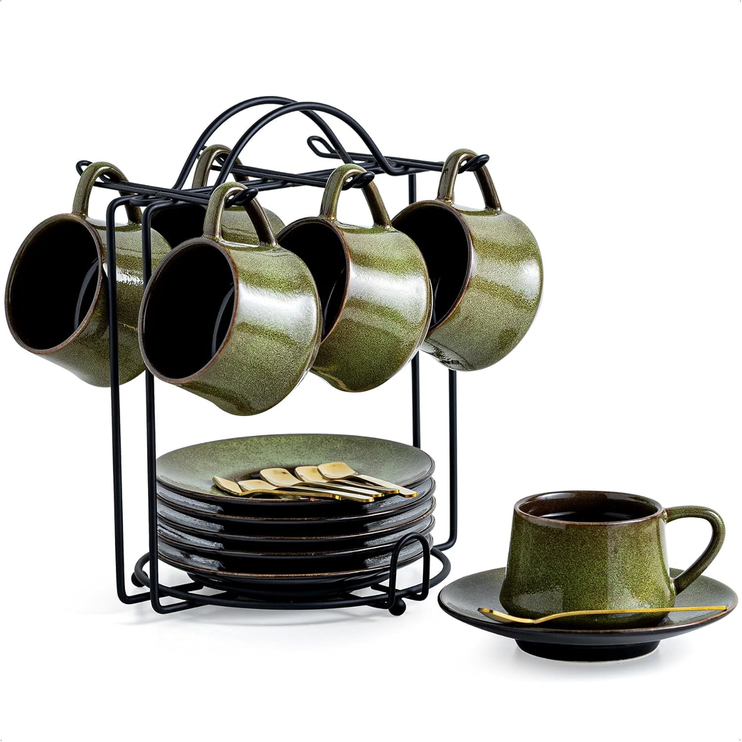 Fuliko Ceramic Cups Set of 6, 4 Ounce Shot Cups with Holder, Saucers ...