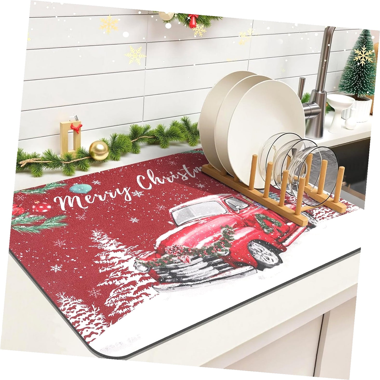 Fuliko Christmas Dish Drying Mat, 12x20 Inches Absorbent Trimmable Dish ...