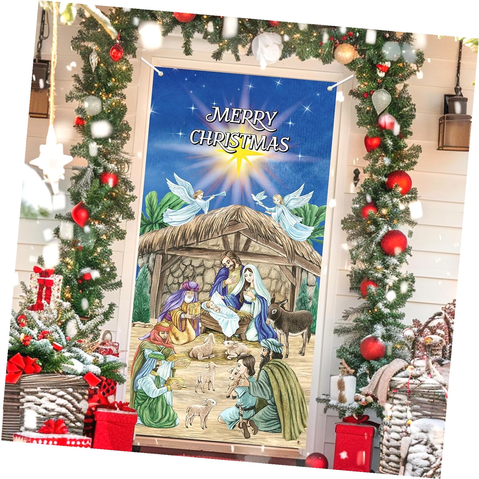 Fuliko Christmas Door Cover Nativity Scene Door Banner Porch Sign Holy ...
