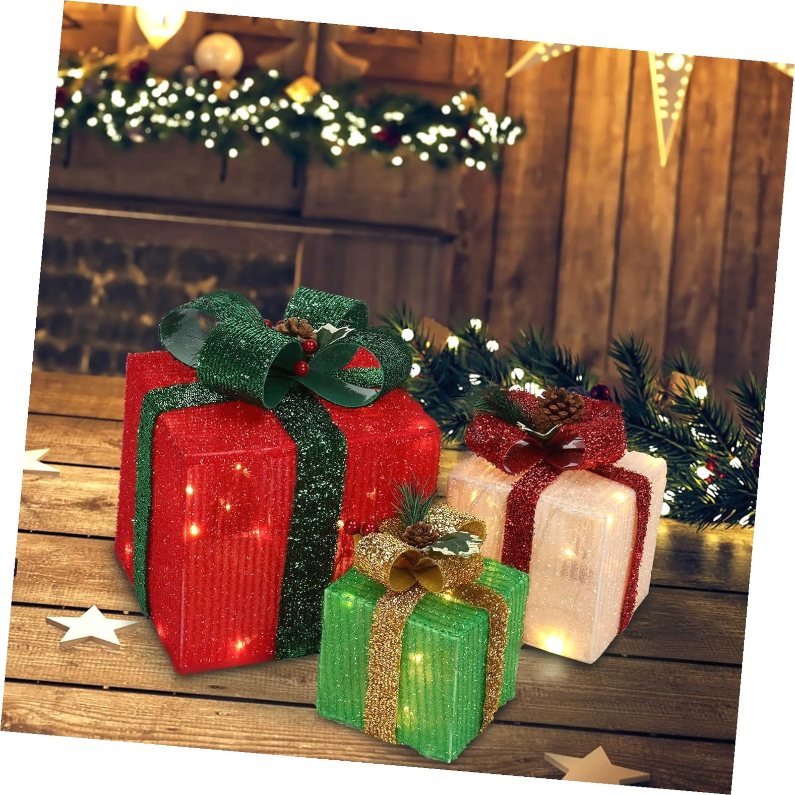 Fuliko Christmas Lighted Boxes, Set of 3 Christmas Lighted Present ...
