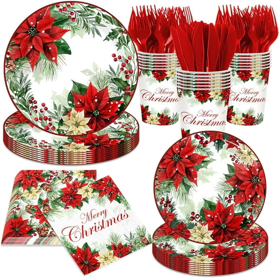 Fuliko Christmas Paper Plates and Napkins, Poinsettia Paper Plates Cups ...