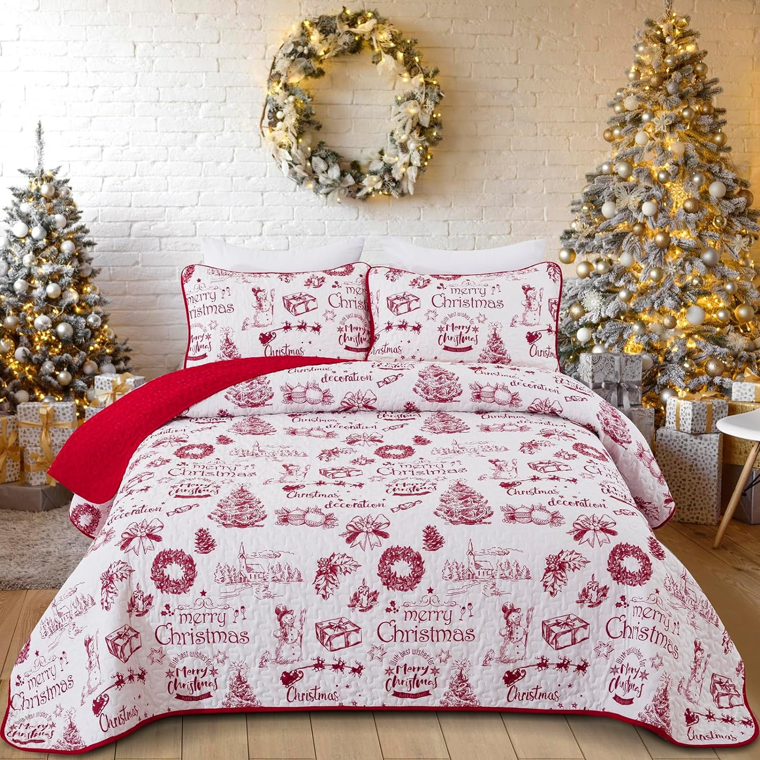 Fuliko Christmas Quilt Set Queen Christmas Snowman Pattern Quilt ...