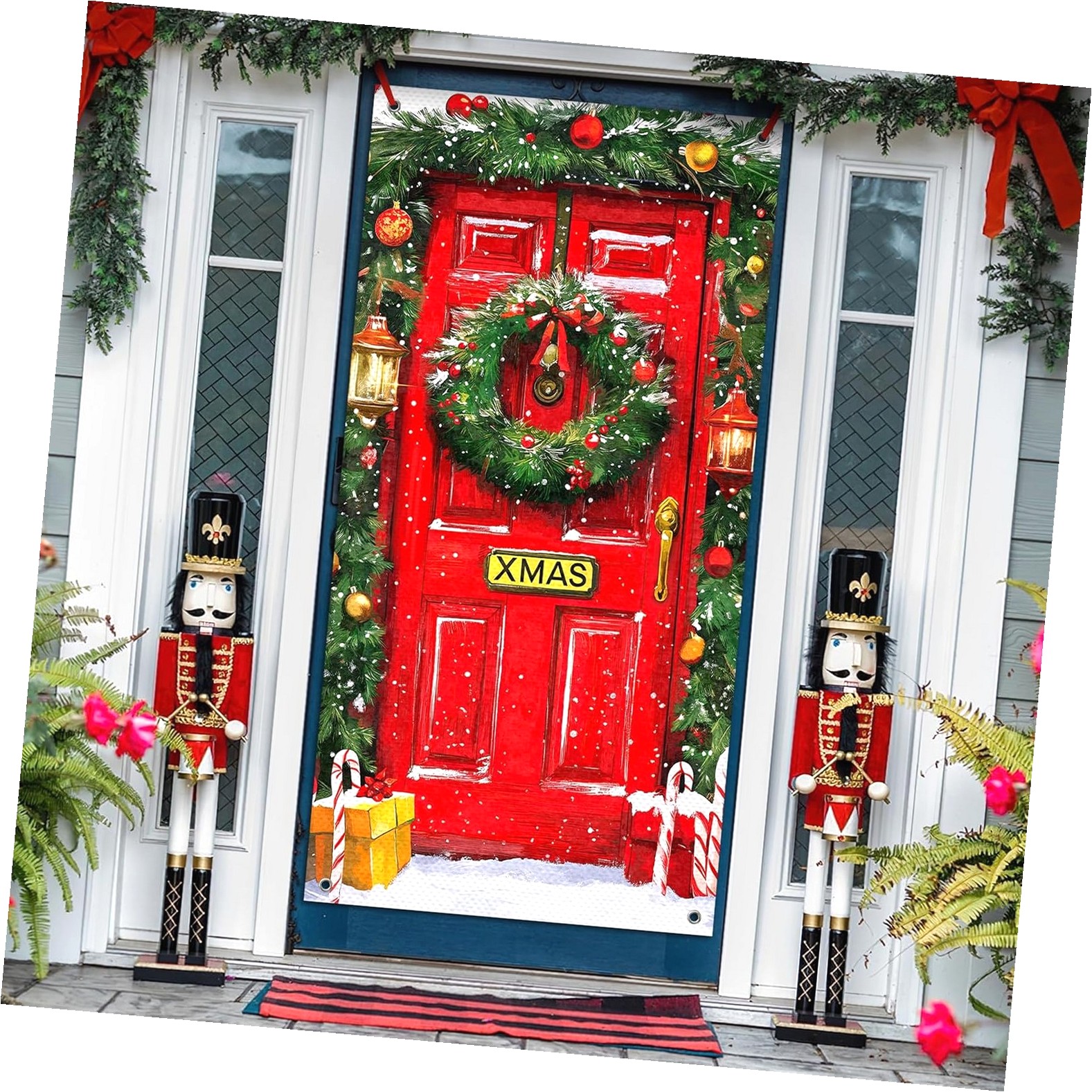 Fuliko Christmas Red Door Cover Decorations, Xmas Wreath with Holly Red ...