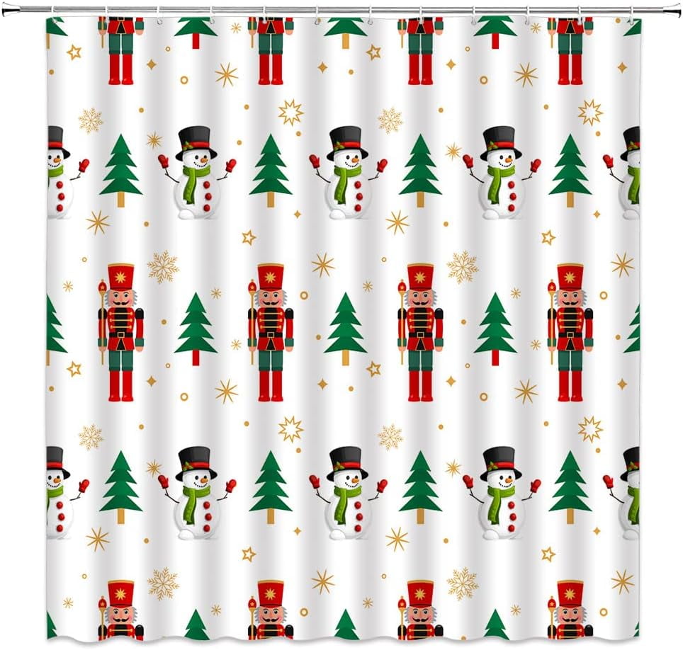 Fuliko Christmas Shower Curtain Xmas Snowman Tree Snowflake Star Winter Holiday Festival Red ...
