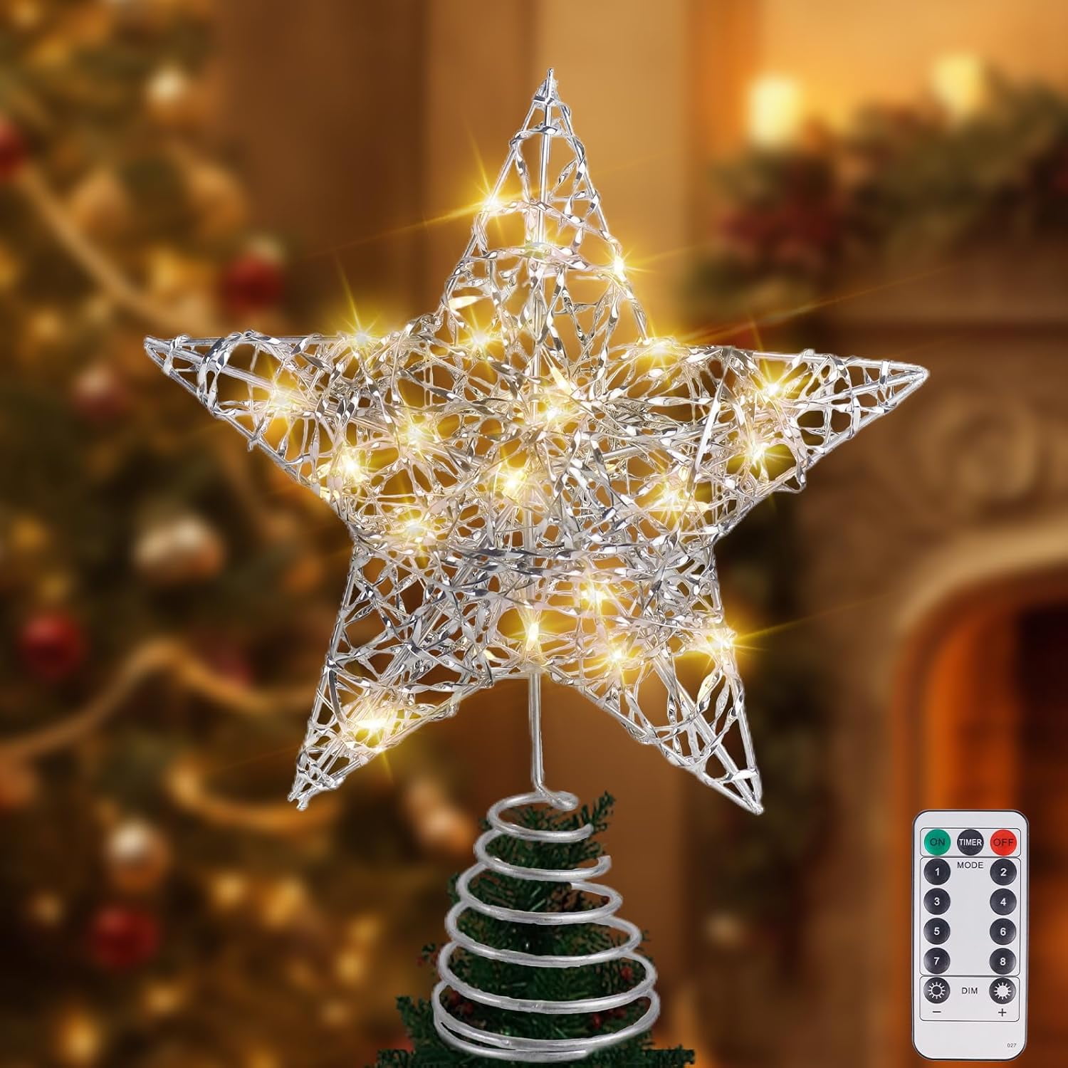 Fuliko Christmas Silver Star Tree Toppers Metal Illuminated with 20 ...