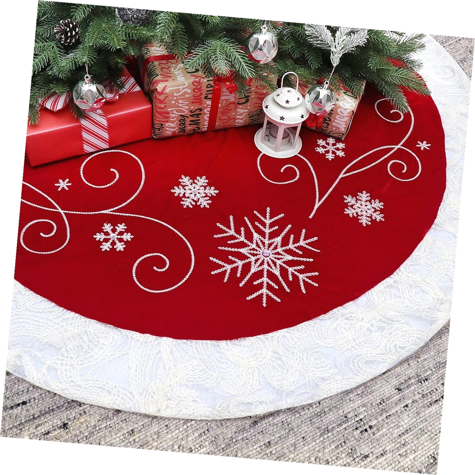 Fuliko Christmas Tree Skirt, 48 Inch Red Velvet Tree Mat with ...