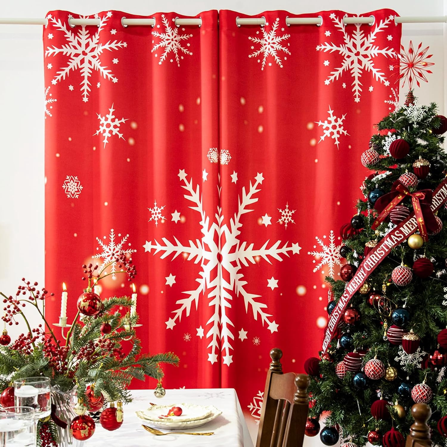 Fuliko Curtains, W52 L108 New Year' Printed Set of 2 Red Curtain Panels ...