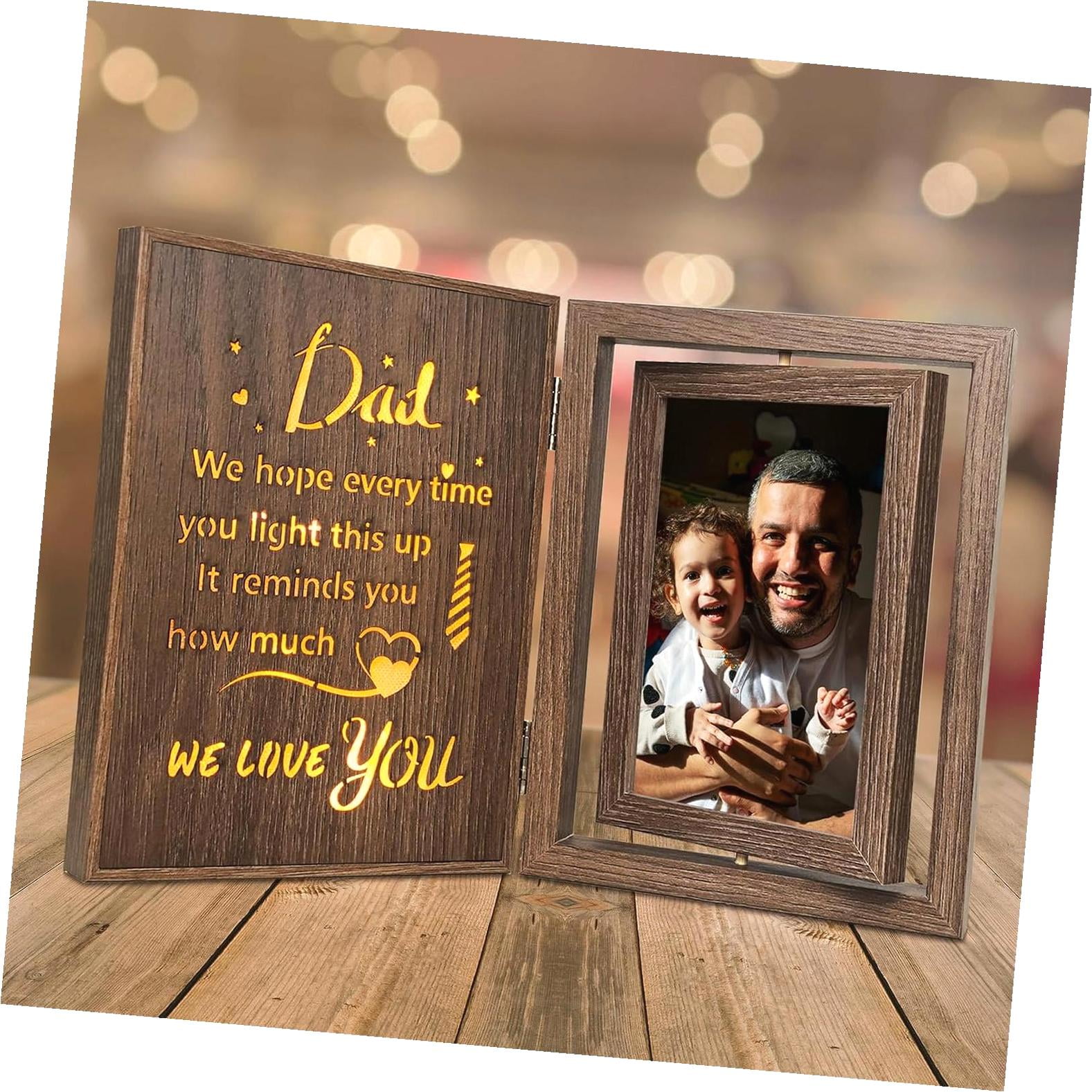 Fuliko Dad Photo Frame with Light - Rotating Wooden Father's Day Frame ...
