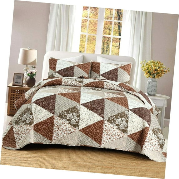 Fuliko Fall Size Bedspread, Brown Floral Triangle Patchwork Size Quilt ...