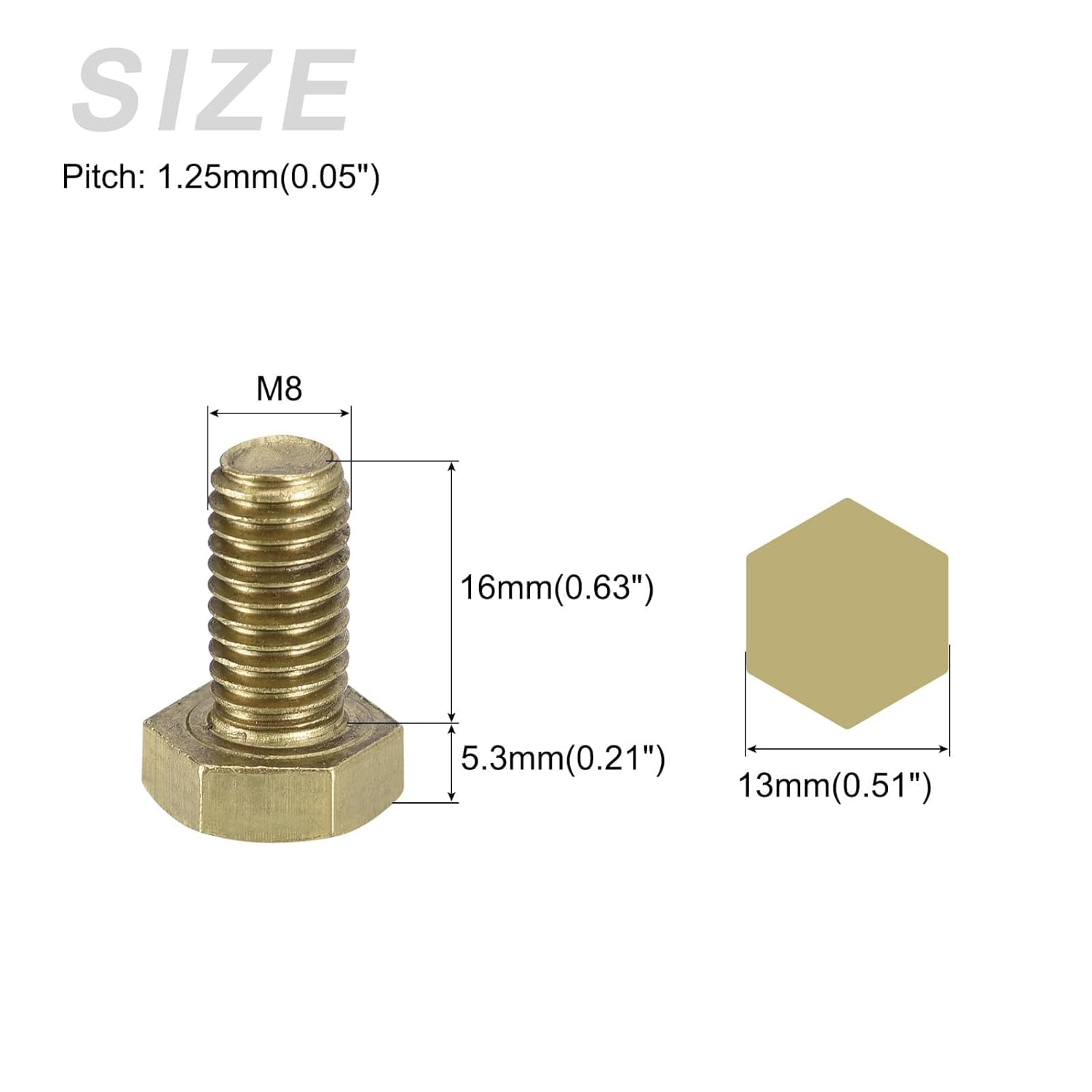 Fuliko Hex Screw Bolt (M8-1.25x16mm) 5 Pieces, Fully Threaded Solid Hex ...